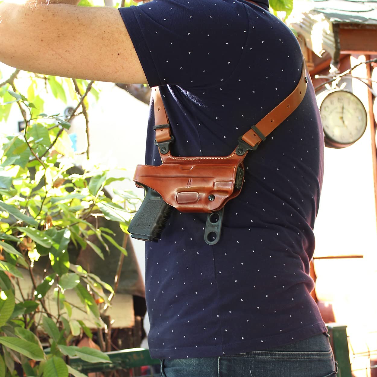 Premium Leather Horizontal Shoulder Holster System with Double Magazine Carrier for Standard Sigg P365 with Out Rail 9mm Micro Compact 3.1''BBL, Right Hand Draw, Brown Color #1329#