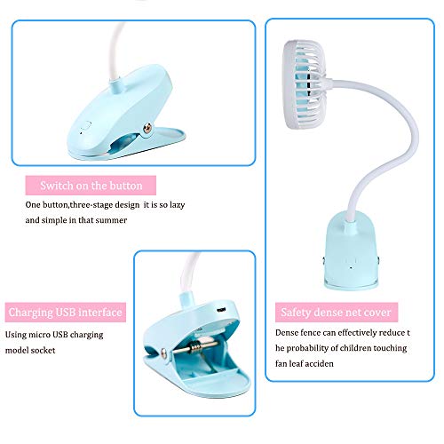 Portable Clip Fan,TANGCISON Adjustable Stroller Fan with 3 Speeds Flexible Bendable Mini USB Rechargeable 2000mAh Battery Quiet Cooling Desk Fan for Stroller,Desk,Office,Dormitory,Travel,Outdoor-Blue
