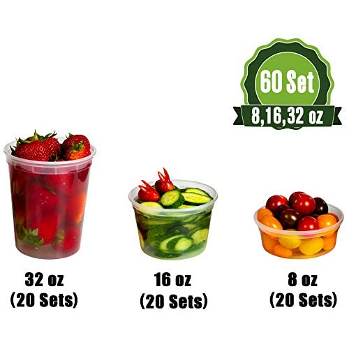 SafeWare Deli Plastic Food Storage Containers with Airtight Lids [ 20Sets-8oz | 20Sets-16oz | 20Sets-32oz] - Great for Slime, Microwave | Dishwasher | Freezer Safe | Leakproof | (60 Mix Sets)