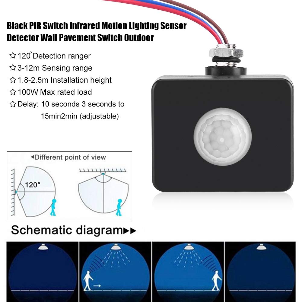 PIR Motion Sensor - Black PIR Switch, PIR Motion Sensor Light Switch, Infrared Motion Lighting Sensor Detector, Wall Pavement Switch Outdoor
