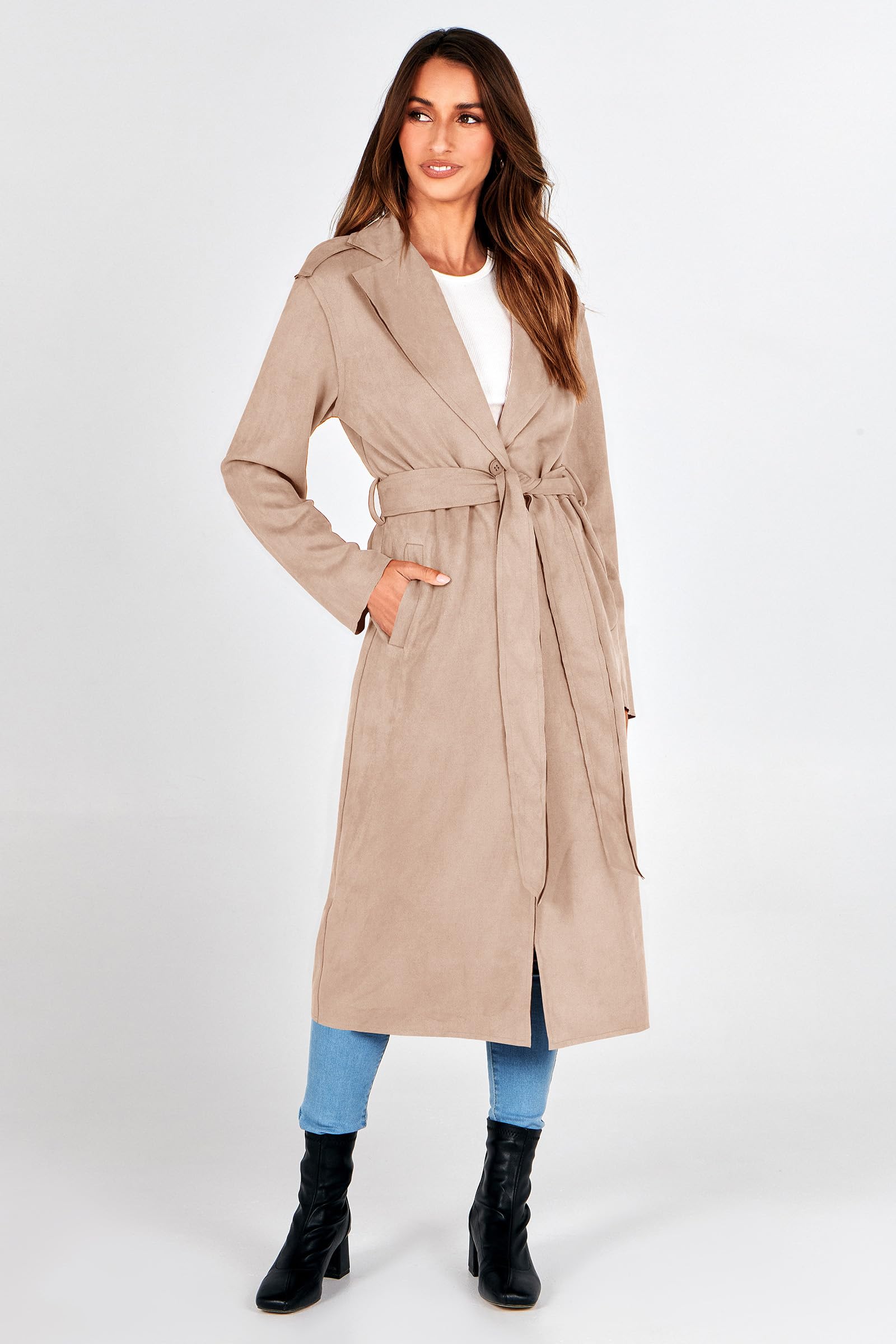 PRETTYGARDEN Women's Fall Fashion Overcoat Faux Suede Shacket Jacket Lapel Belted Long Winter Trench Coats (Beige,Small)