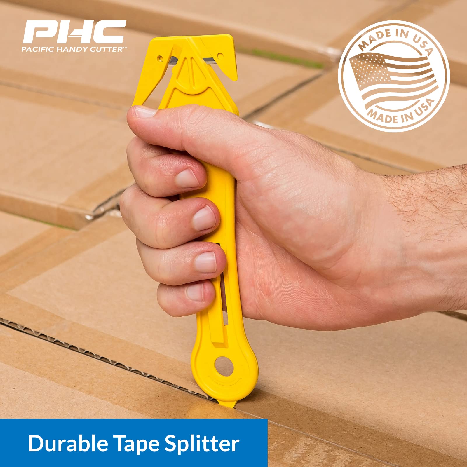 Pacific Handy Cutter EZST Two Sided Concealed Safety Cutter with Bladeless Plastic Tape Splitter, Safe and Efficient Cutting for Stretch Wrap, Cardboard, Tape, Zip Ties, Plastic Straps, and more