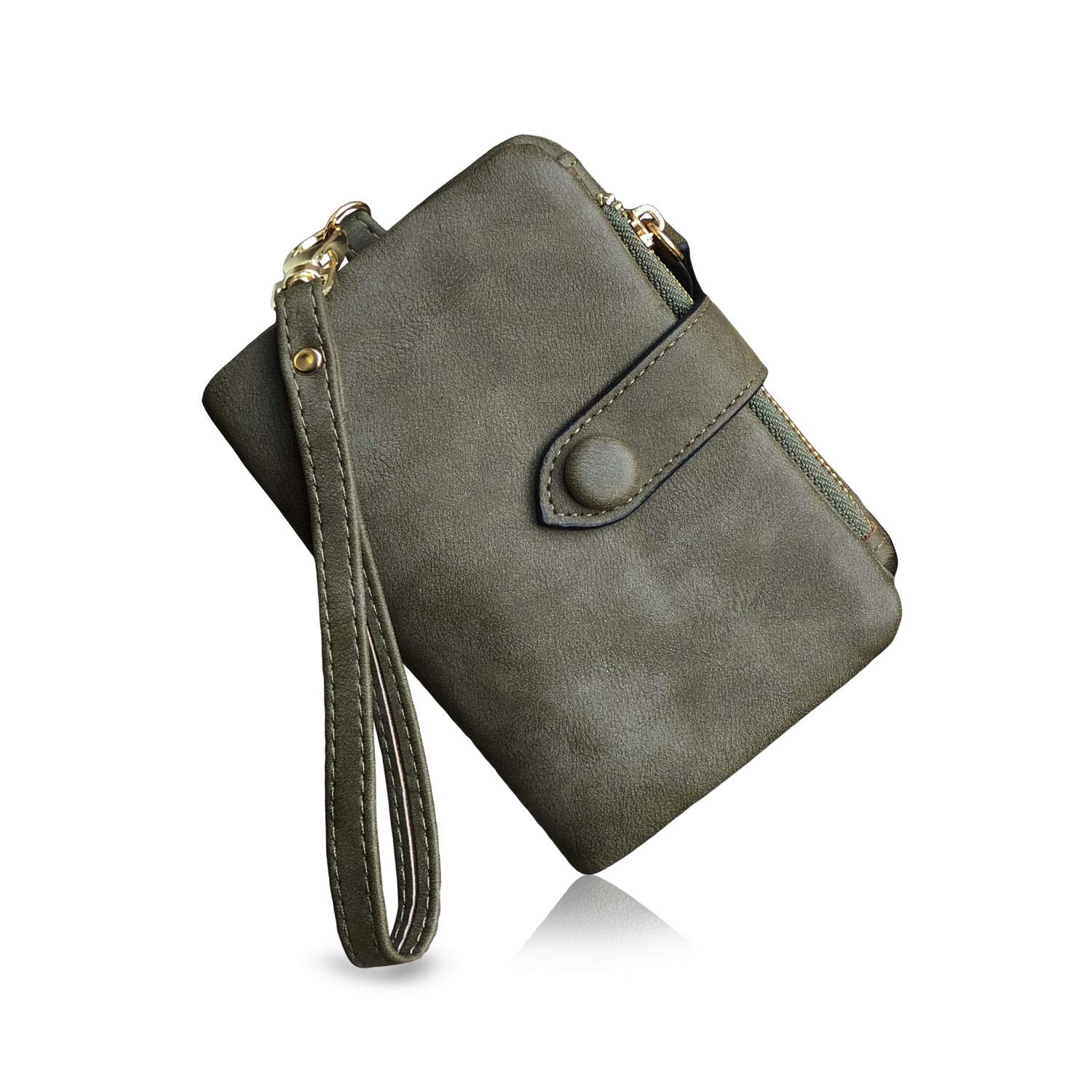 PofeeXIO Womens Small Bifold Leather Wallets Rfid Ladies Wristlet with Card slots id window Zipper Coin Purse (Army Green)