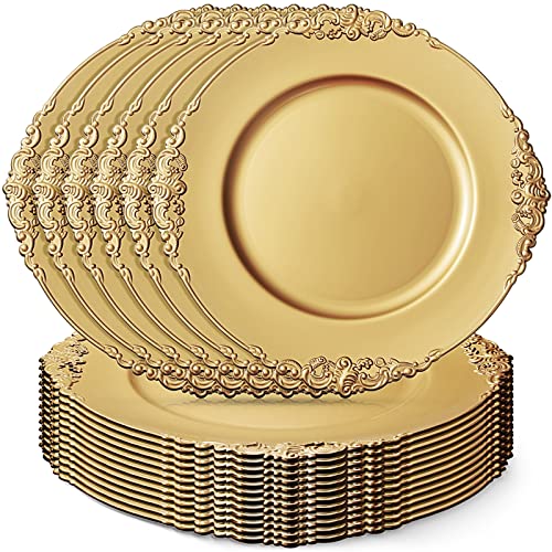 Zopeal 18 Pack Antique Charger Plates Bulk 13 Inch Round Plastic Chargers for Dinner Plates Vintage Embossed Pattern Decorative Plate Chargers for Wedding Party Banquets Events Tableware Decor (Gold)