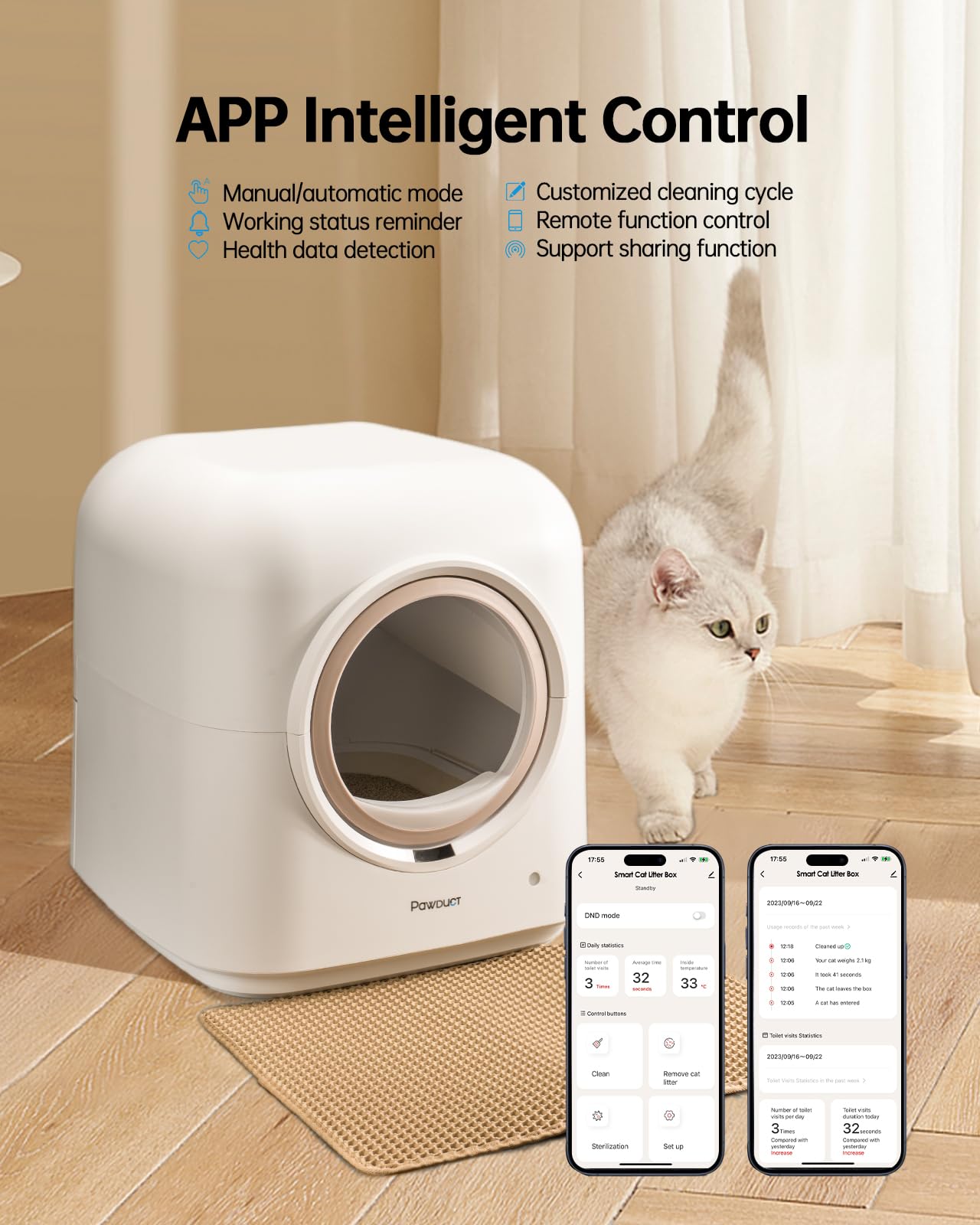 Pawduct Automatic Cat Litter Box Self Cleaning, Anti-Pinch Robot Cat Litter Box, Large Cat Litter Box for Multiple Cats, Smart APP Remote Control/Odor Removal, with Waste Bags/Mats
