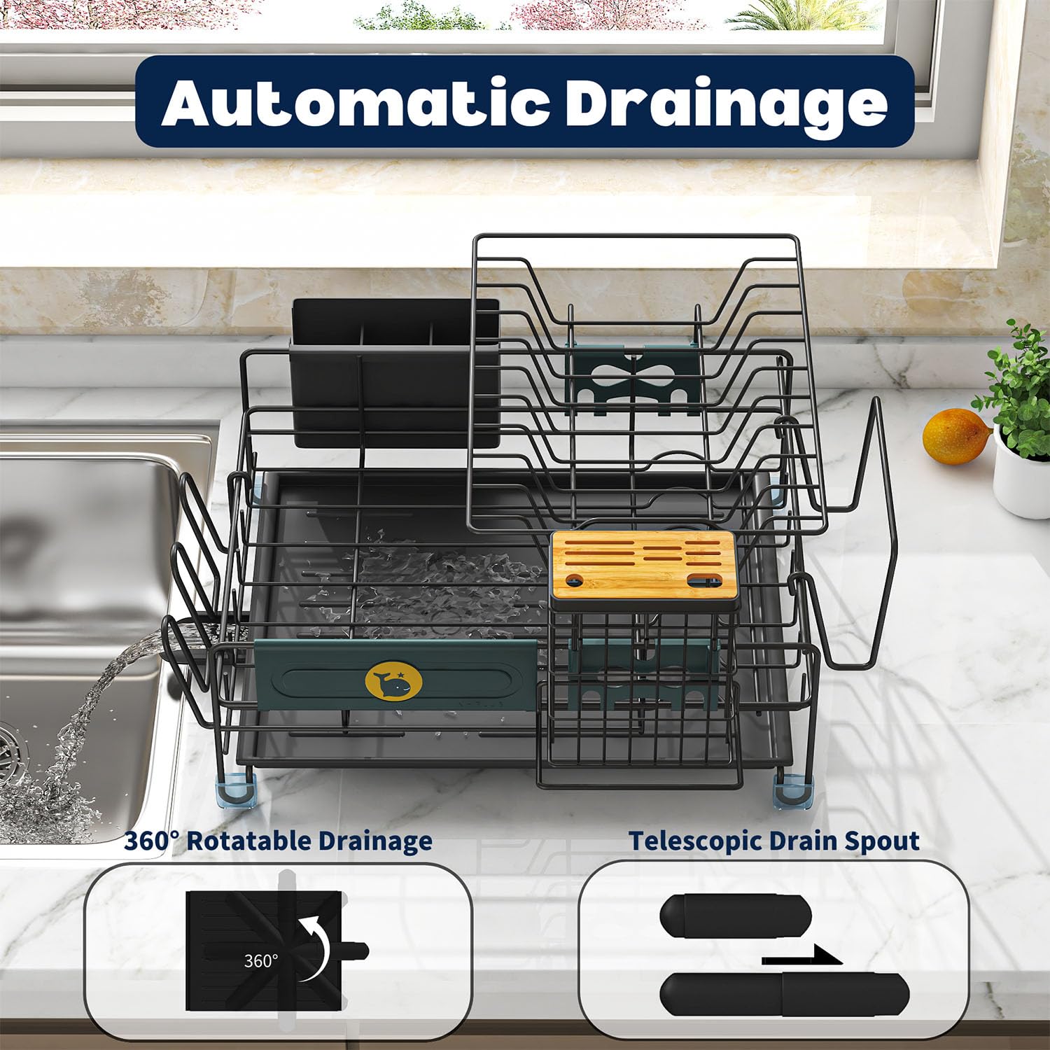 slhsy Dish Drying Rack for Kitchen Counter,Detachable 2 Tier Stainless Steel Dish Strainers with Utensil/Cup/Cutting-Board Holder and Knife Block Rust-Proof Dish Drainer,Black