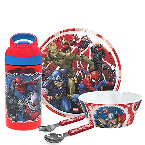 zak! Marvel Universe - 5-Piece Dinnerware Set - Durable Plastic & Stainless Steel - Includes Water Bottle, 8-Inch Plate, 6-Inch Bowl, Fork & Spoon - Suitable for Kids Ages 3+