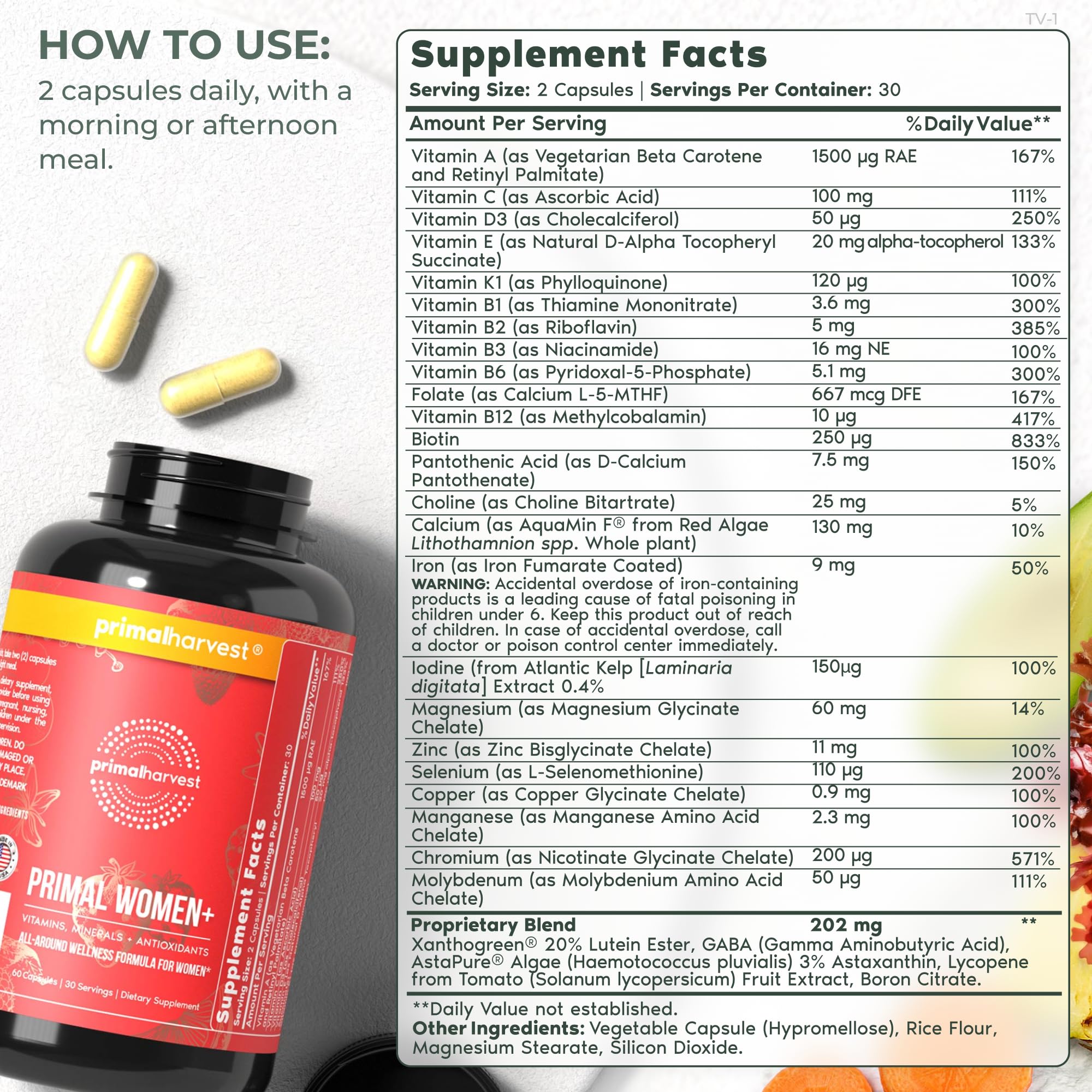 Primal Harvest Multivitamin for Women Vitamin A, Vitamin C, Vitamin D and E, Vitamin B12, B6, Biotin, Zinc Supplements, 30 Capsules (Womens 1 Pack) (Womens+ 30 Servings)