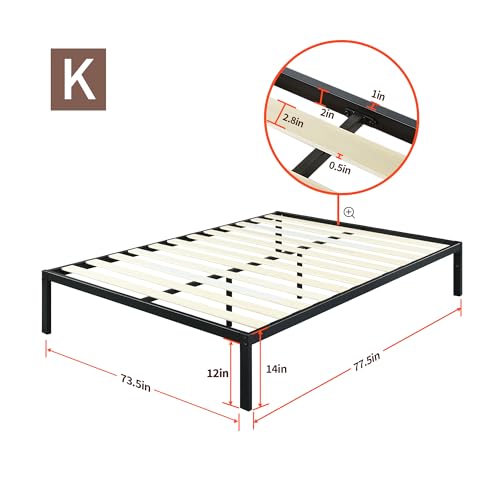 PrimaSleep 14 Inch Modern Metal Platform Bed Frame/Easy Assembly/Mattress Foundation/Wood Slat/No Box Spring Needed/King/Black