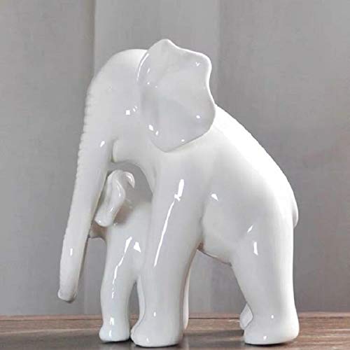 Sun Shade White Ceramic Elephant Mother and Baby Elephant Hand in Hand high-Gloss and Fully Glazed Handicraft/White Porcelain Home Decoration Statue