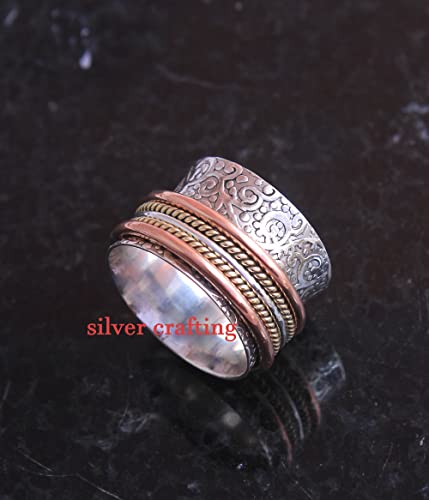 Three Tone Silver Spinner Ring, Beautyful Design Ring, Meditation ring, 925 Sterling Silver Ring (9)