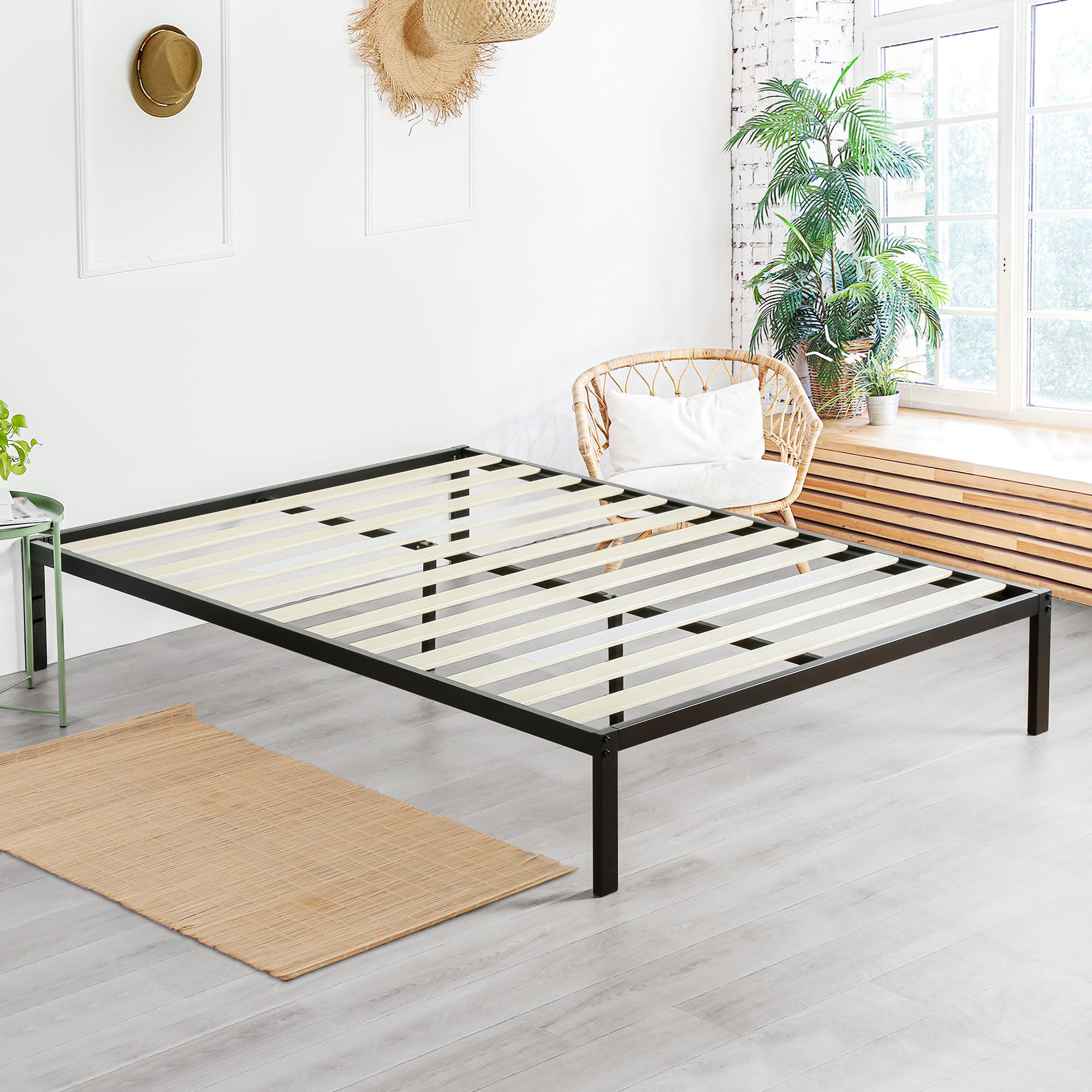 PrimaSleep 14 Inch Modern Metal Platform Bed Frame/Easy Assembly/Mattress Foundation/Wood Slat/No Box Spring Needed/Queen/Black