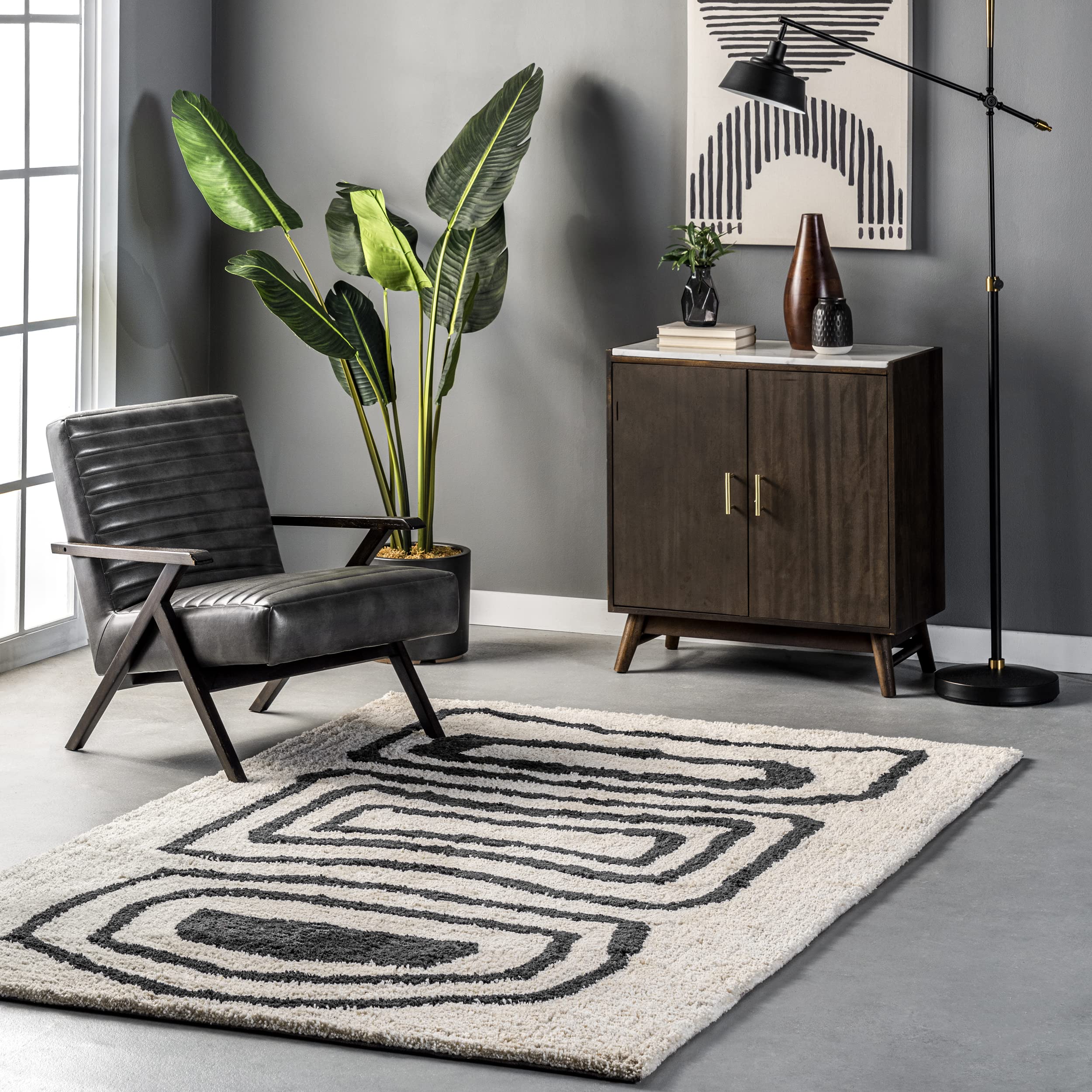 nuLOOM Mica Abstract Circles Shag Area Rug, 8x10, Ivory