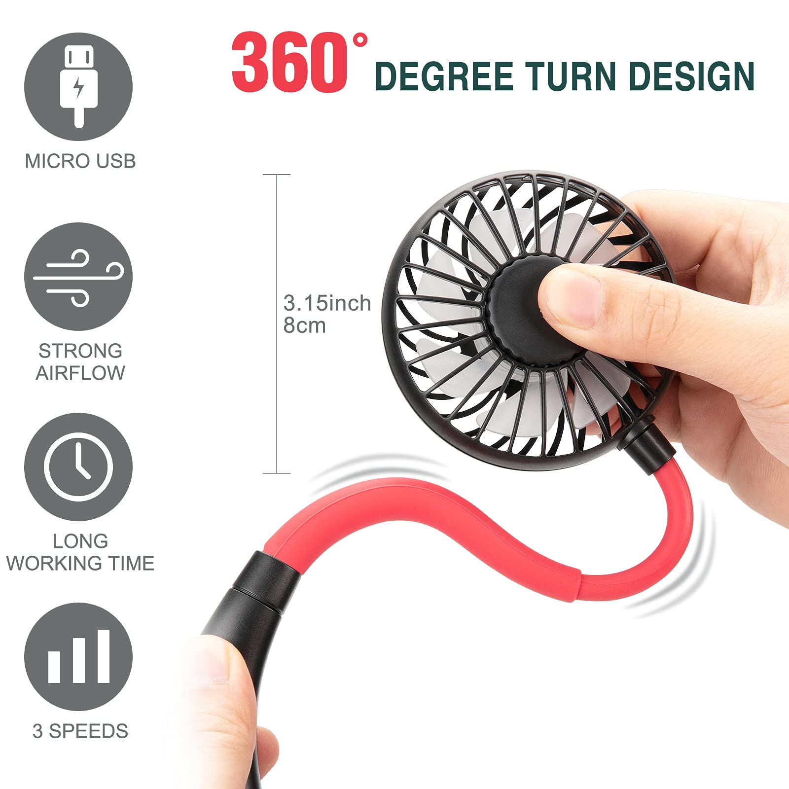 Portable Neck Fan, Wearable Personal Fan with 3 Speed Air Flow, Rechargeable USB Fan with Aromatherapy & Led Light, Hands Free Fan for Summer Cooling