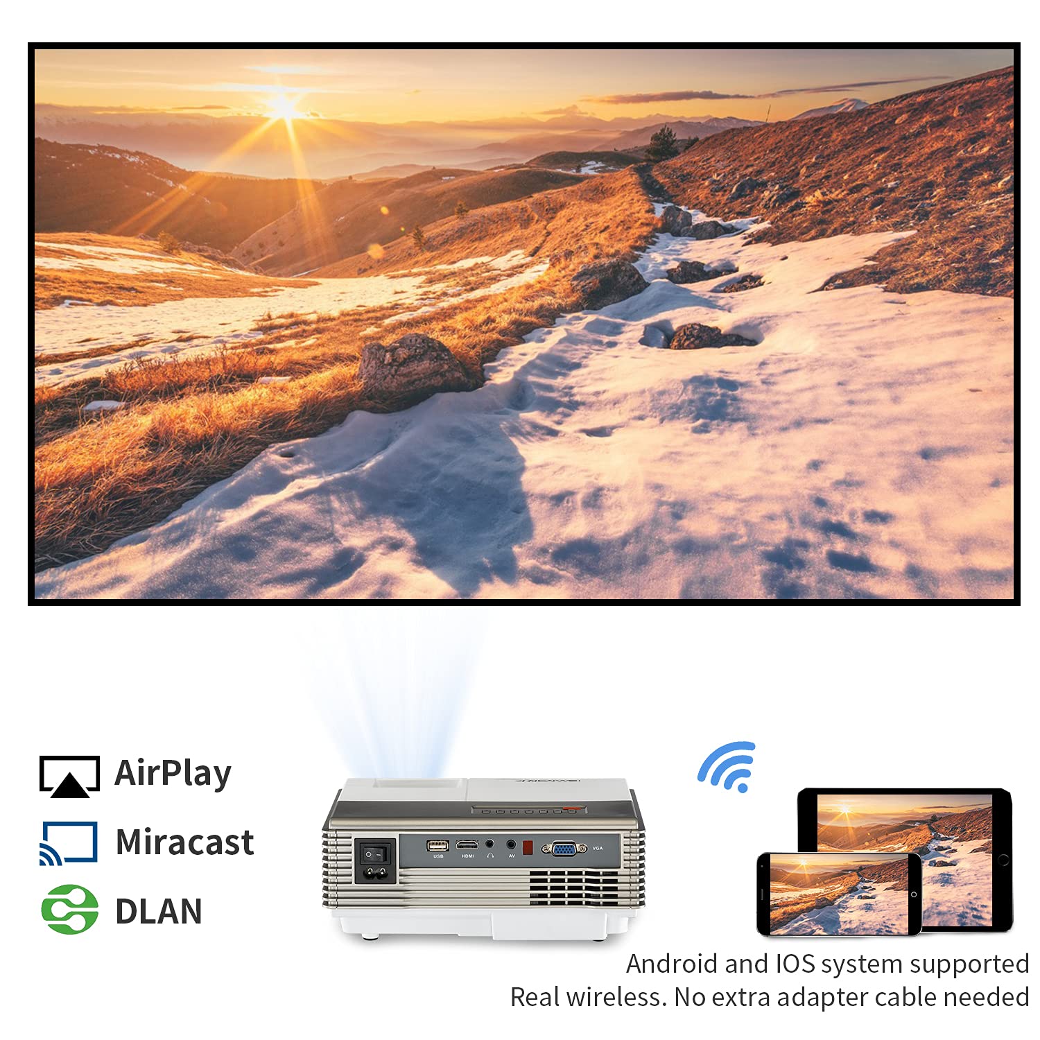 Portable Projector 1080P Support Mini WIFI Projector with Bluetooth Wireless Smart Projector Android 7.1 OS LCD Projector for Home Theater Outdoor movie Gaming Playing