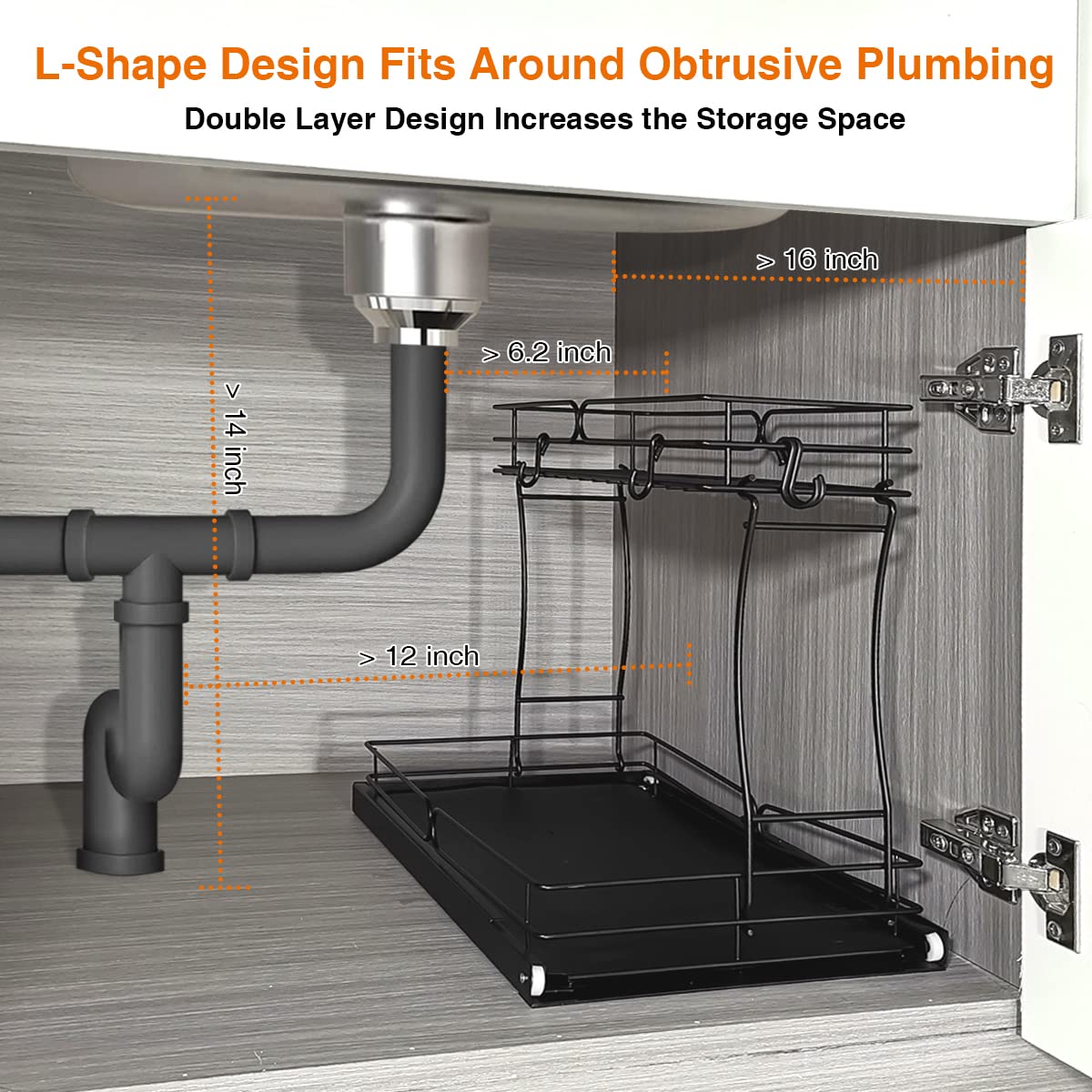 Pull Out Cabinet Organizer 2 Tier Under Sink Slide Out Kitchen Cabinet Storage Shelf Metal Sliding Storage Basket Drawer for Kitchen Bathroom Pantry Cabinet, Request at Least 11 inch Cabinet Opening