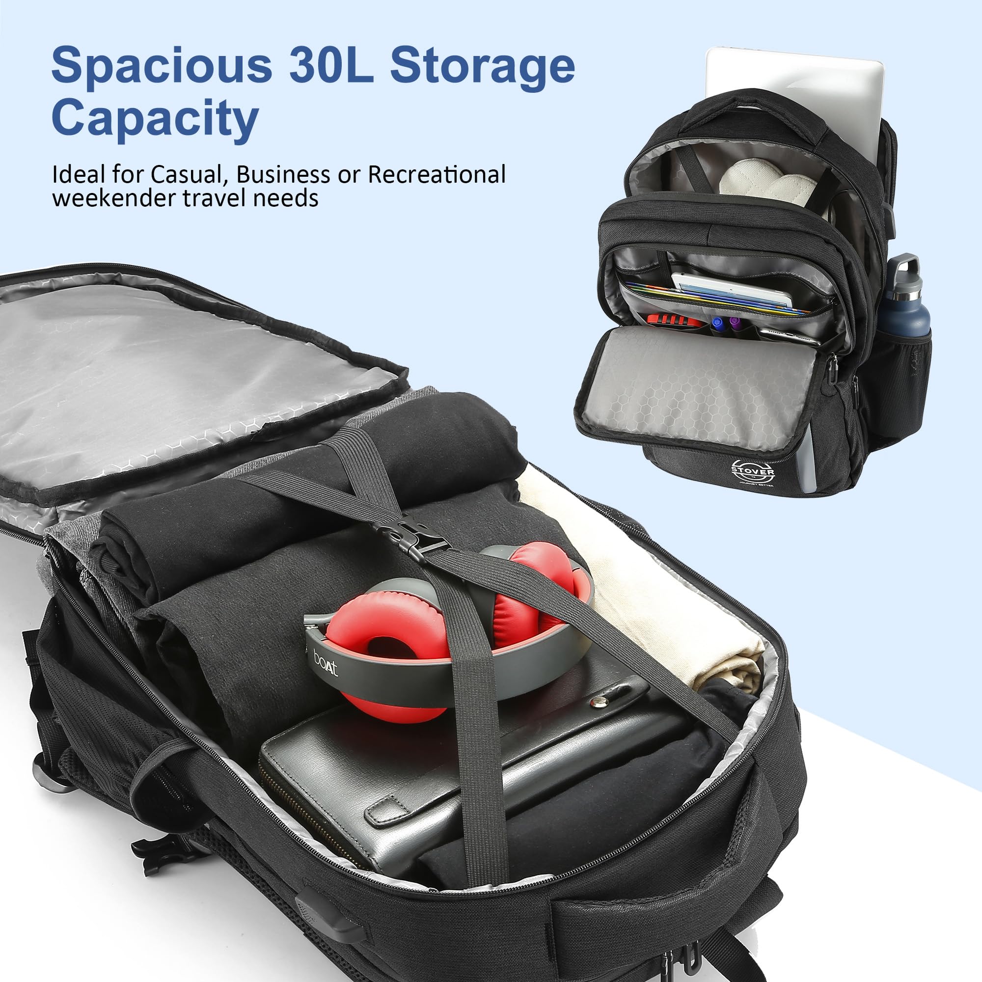 STOVER Laptop Travel Backpack Carry On, Fits 15.6 Inch Notebook with Luggage Compartment, Reflector for Safe, Backpack for Casual Use, Business Women and Men (Black)