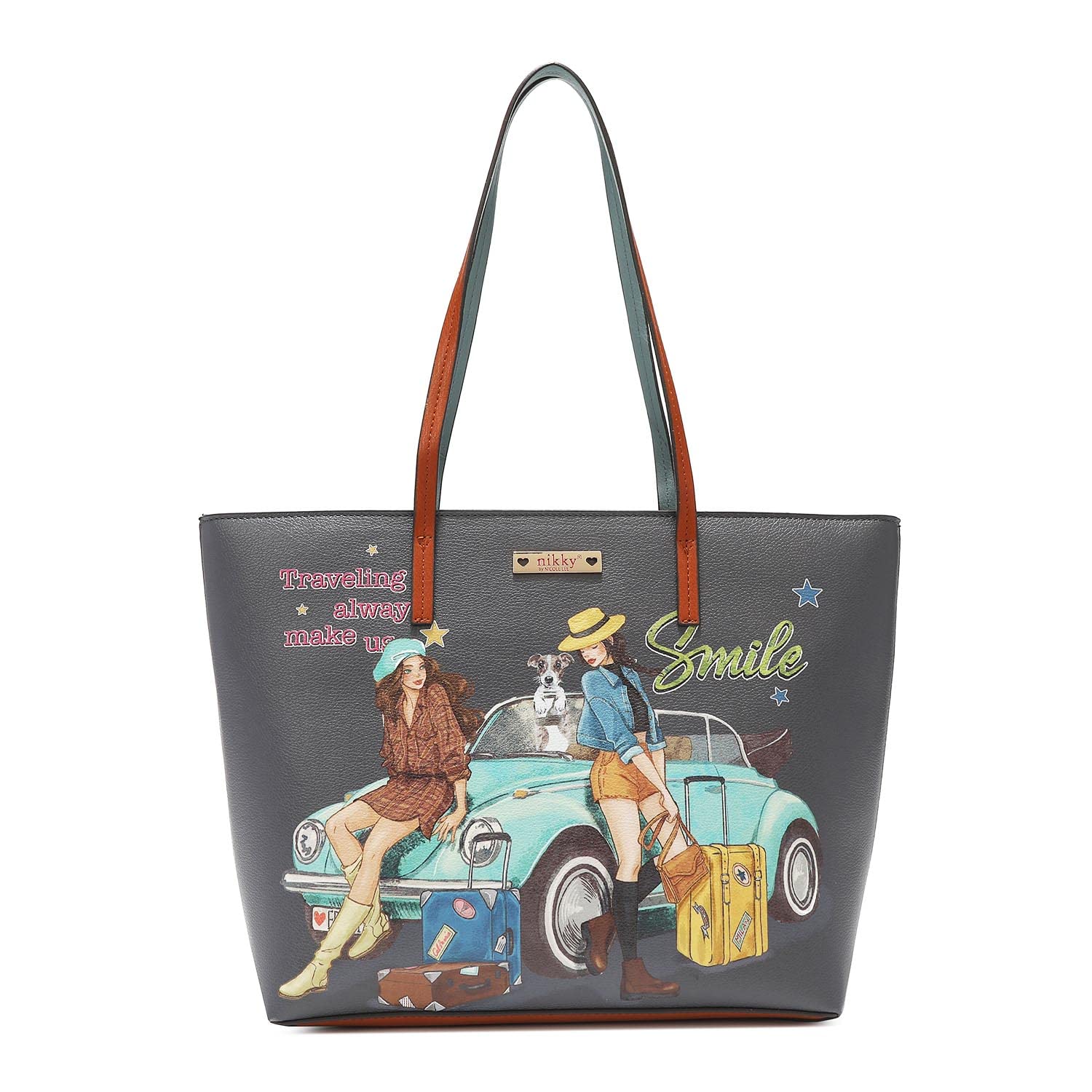 Nicole Lee Nikky Large Shopper Bag, Vegan Leather Tote Fashion Print Handbag (AVENTURERAS)