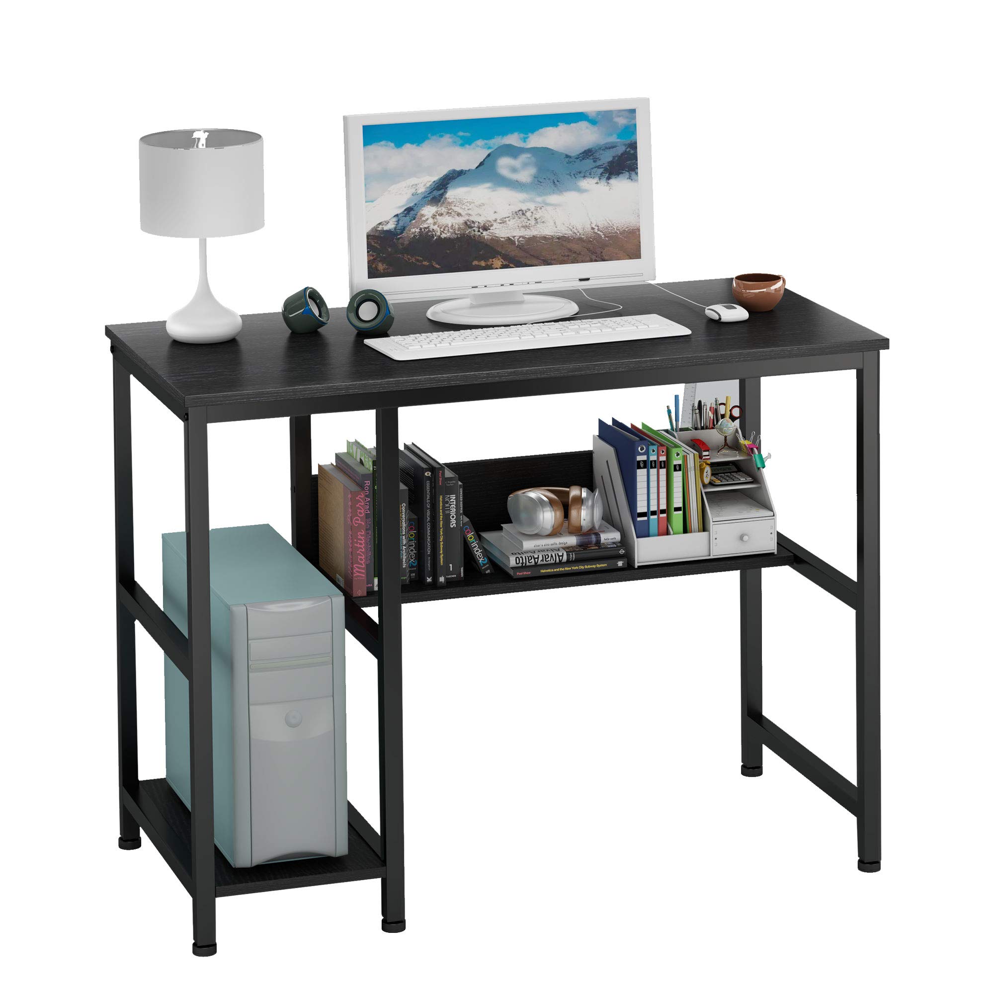 Ruitta Writing Computer Desk with Shelves, Sturdy Home Office Desk, Writing Desk Study Desk for Small Spaces, Easy Assemble, Stable Metal Frame (39", Black)
