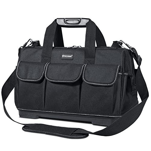 TICONN 16in Tool Bag with Waterproof Molded Bottom, Multi-Pockets Wide Mouth Tool Tote with Safety Reflective Straps, Adjustable Shoulder Strap