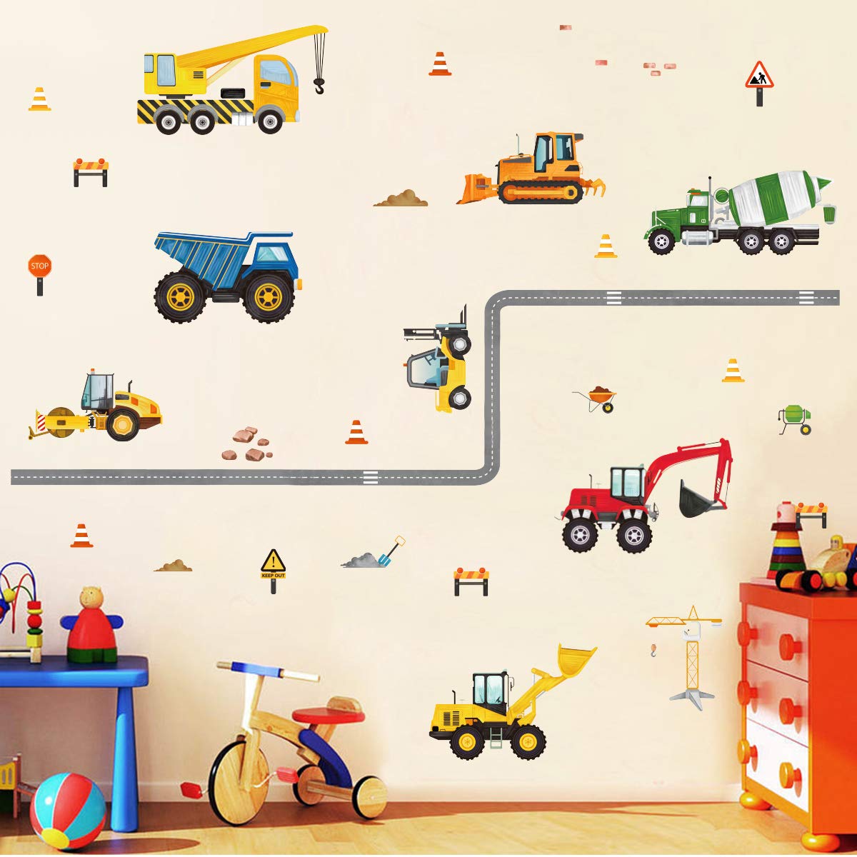 Runtoo Construction Vehicles Wall Decals Road Trucks Tractor Wall Stickers Kids Boys Bedroom Nursery Wall Décor