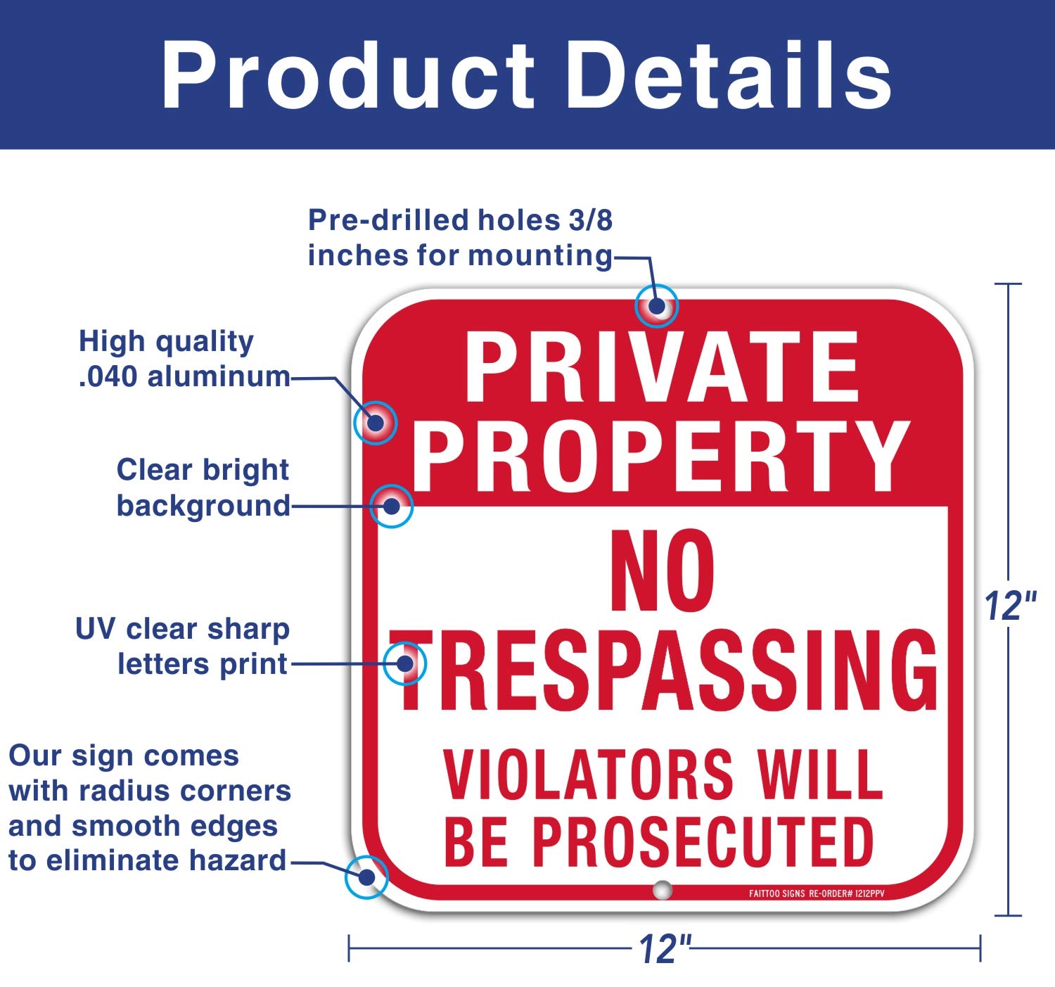 Private Property No Trespassing Sign, Violators Will Be Prosecuted Sign, 12 x 12 Inches Square, 040 Rust Free Aluminum, UV Protected and Waterproof, Weather Resistant, Durable Ink, Easy to Mount