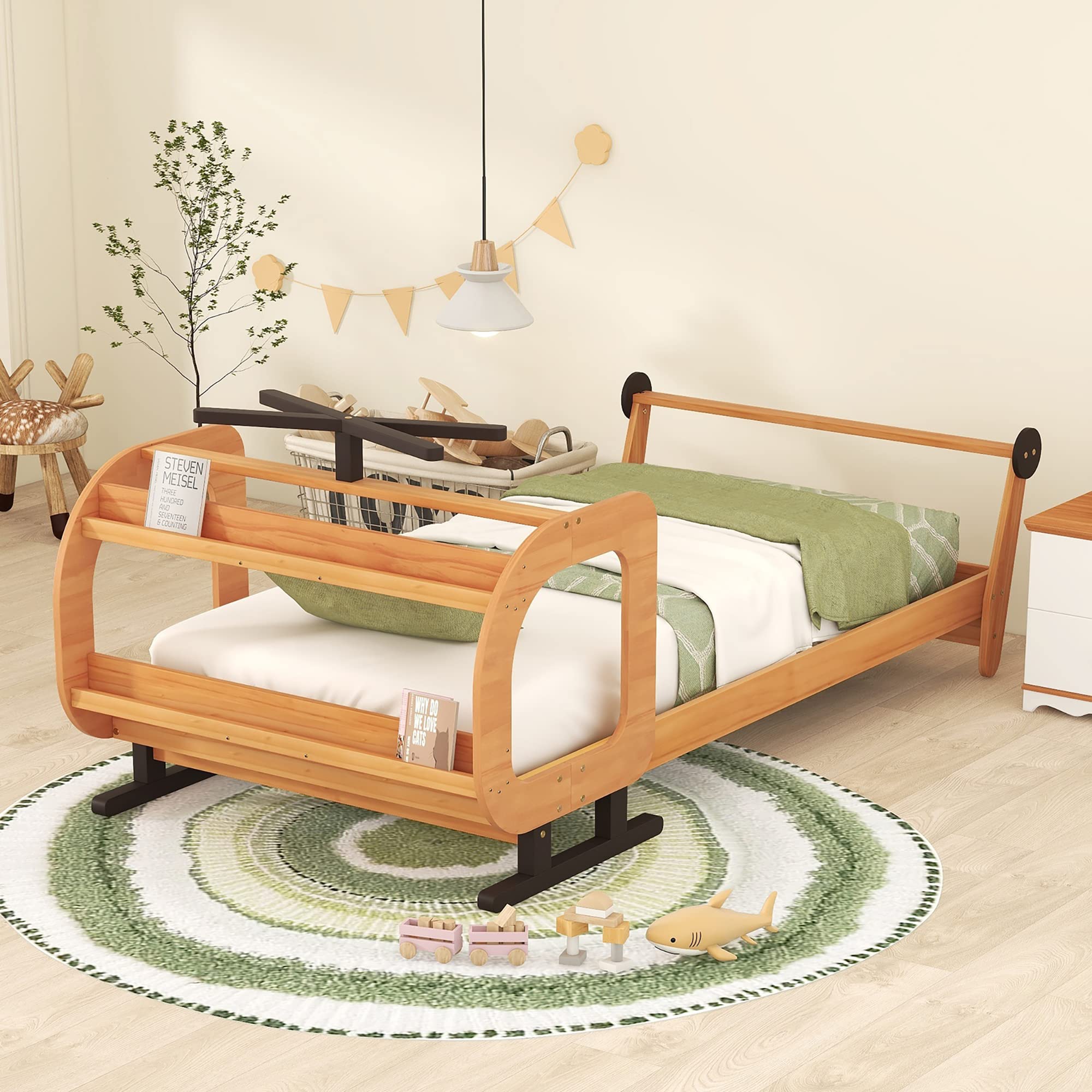 PRNDOLE Plane Shaped Twin Size Platform Bed with Rotatable Propeller and Shelves,Wood Twin Bed Frame,Natural