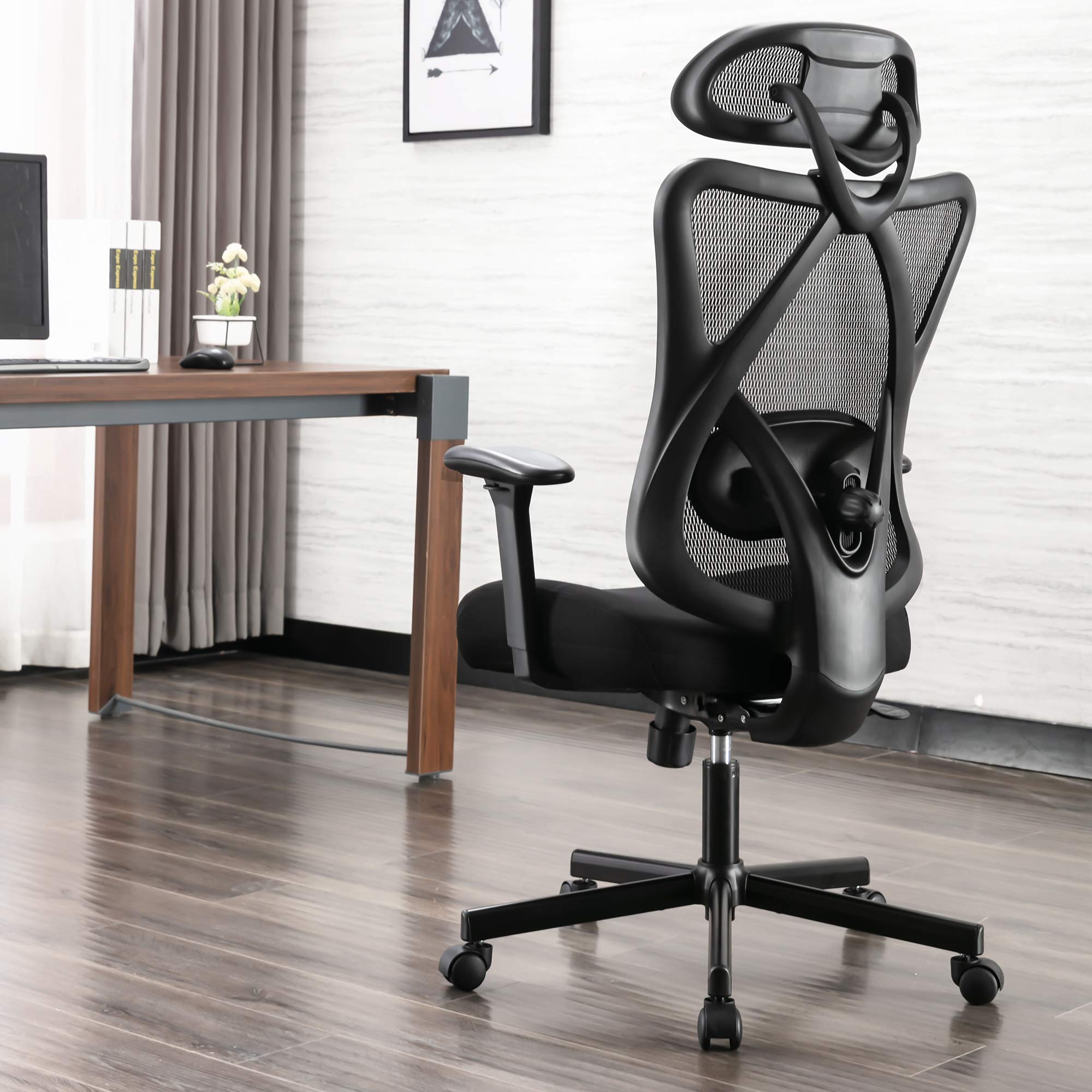 SUNNOW Ergonomic Office Chair, Mesh Computer Chair with Adjustable Lumbar Support & Thick Seat Cushion, Adjustable Headrest & Armrest, 135°Reclining, Swivel Executive Task Chair for Office, Work
