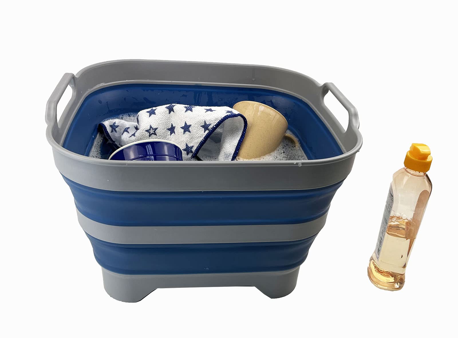 SAMMART 10L (2.6 gallons) Collapsible Plastic Dishpan with Draining Plug - Portable Washing Tub/Basin - Foldable Tub - Space Saving Kitchen Storage (Grey/Mist Blue)
