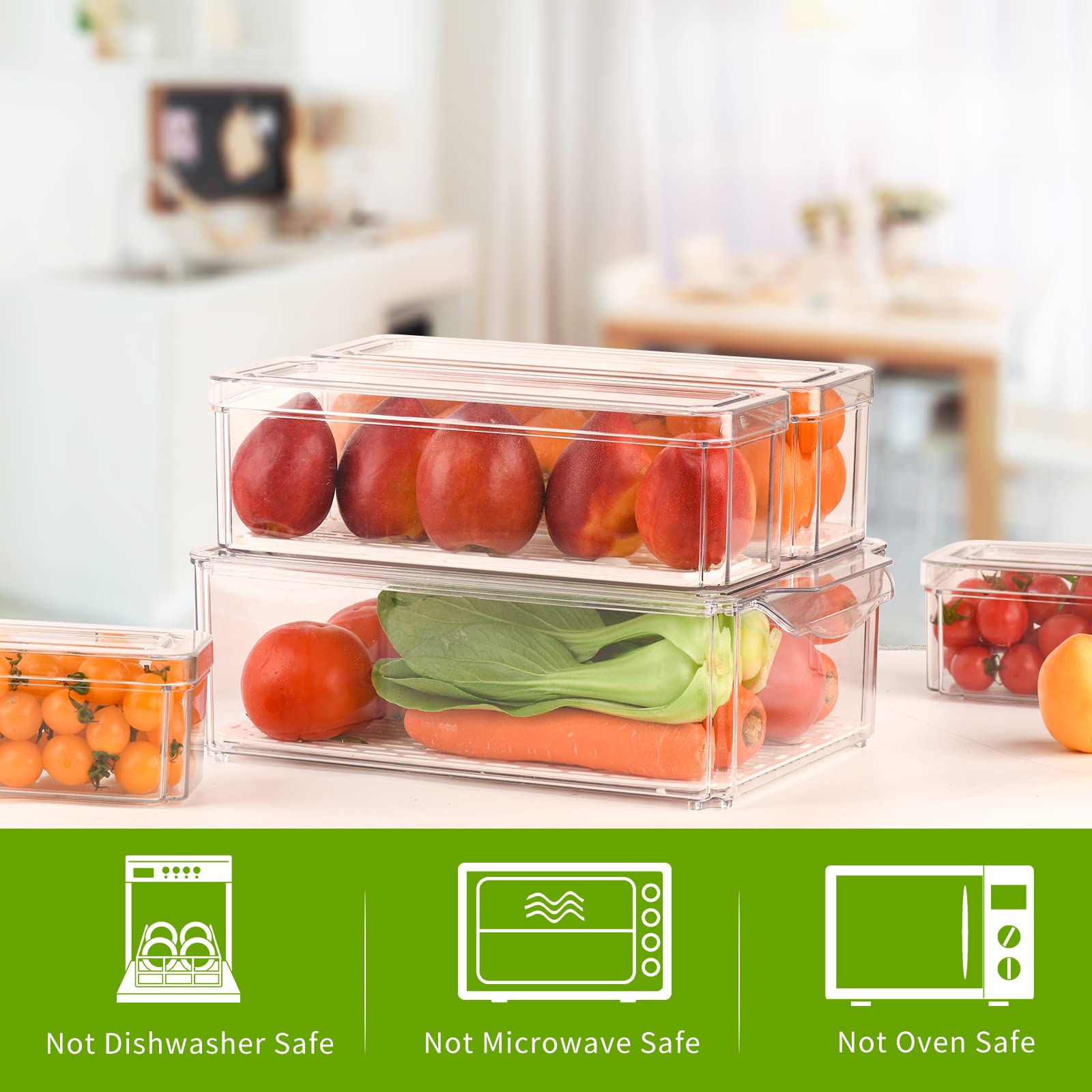 Yustuf 10-pack Stackable Refrigerator Organizer Bins with 6 Liners, Fridge Organizers and Storage Clear with Lids Plastic Fruit Vegetable Storage Containers with 5pcs Sealing Clips