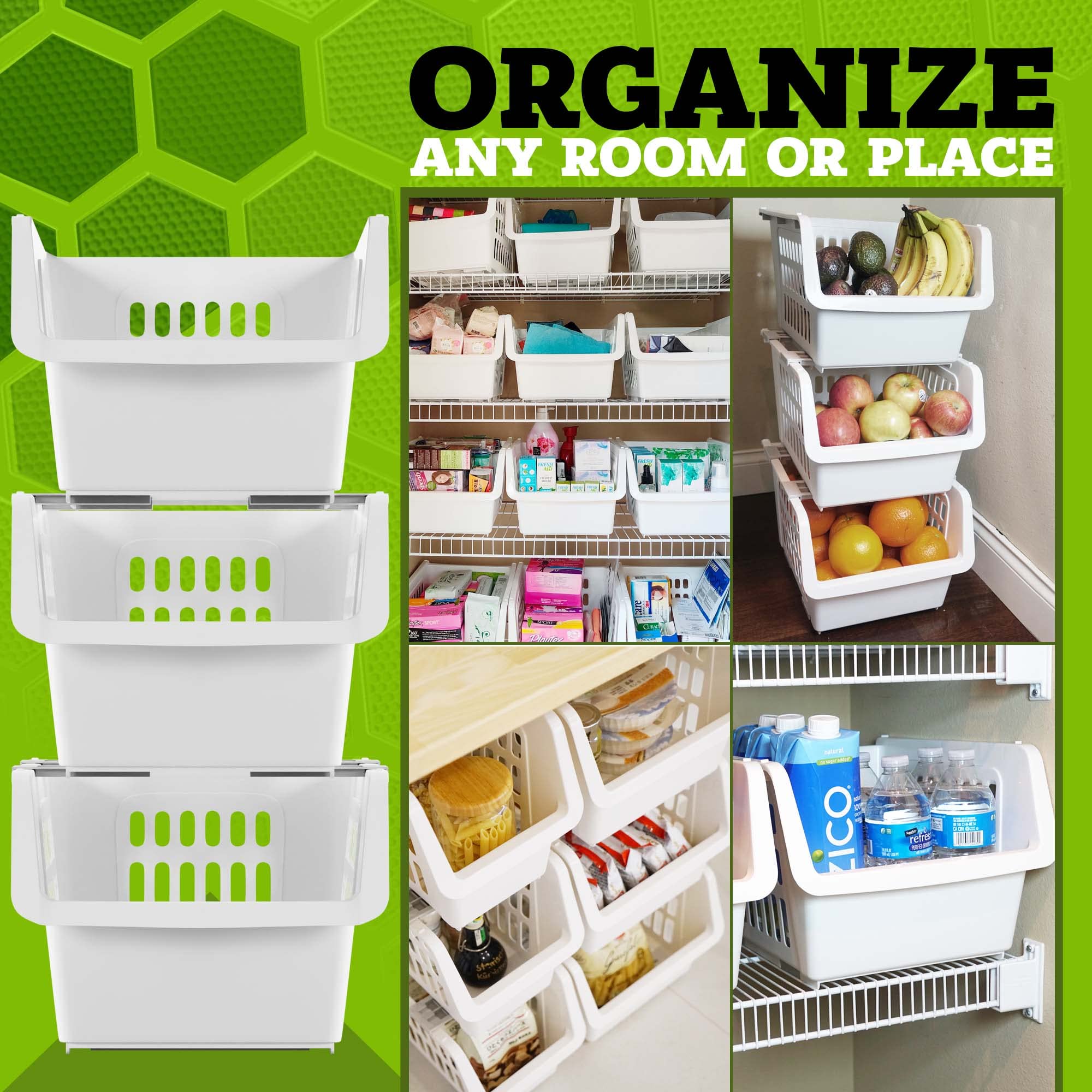 The Crown Choice Plastic Stackable Storage Bins and Organizers for Pantry (3 Pack) β White Medium Stackable Baskets for Organizing Kitchen, Bathroom, Under Sink, Office, Desk and Bedroom