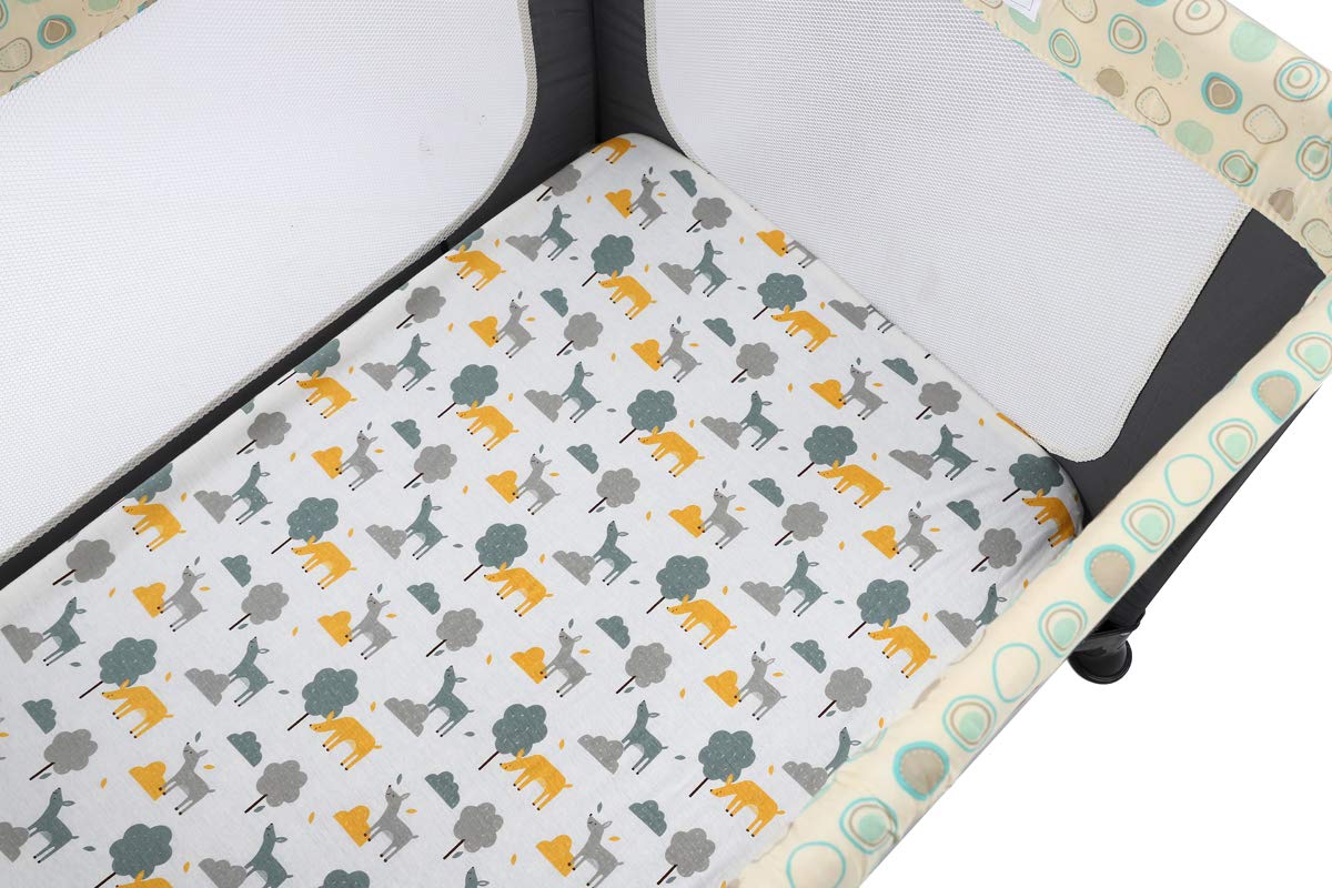 Pack n Play Playard Fitted Sheets 2 Pack Set 100% Jersey Knit Cotton Soft Breathable Portable Mini Crib Mattress Cover for Baby Boy Girl, Llamas and Deers Pattern, White and Grey