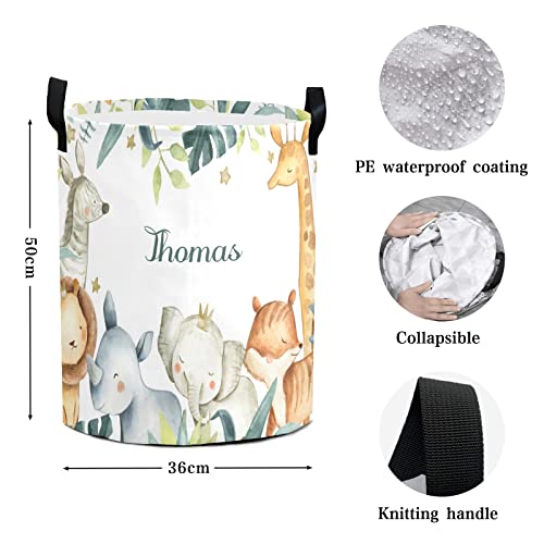 Safari Lion Elephant Fox Personalized Laundry Hamper,Custom Name Collapsible Waterproof Laundry Basket Storage Bins with Handle for Clothes,Toy,Nursery