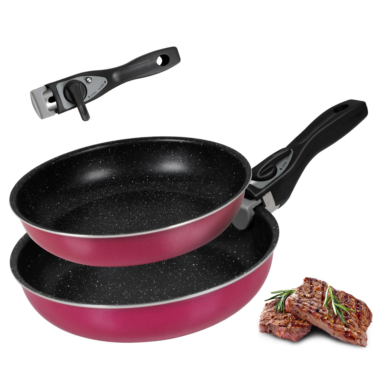 ZNM Nonstick Frying Pan Set, 10.2" & 11.6" Non Stick Frying Pans Omelette Skillet with Removable Handle, Aluminum Fry Pan Set Induction, Oven & Dishwasher Safe, Black
