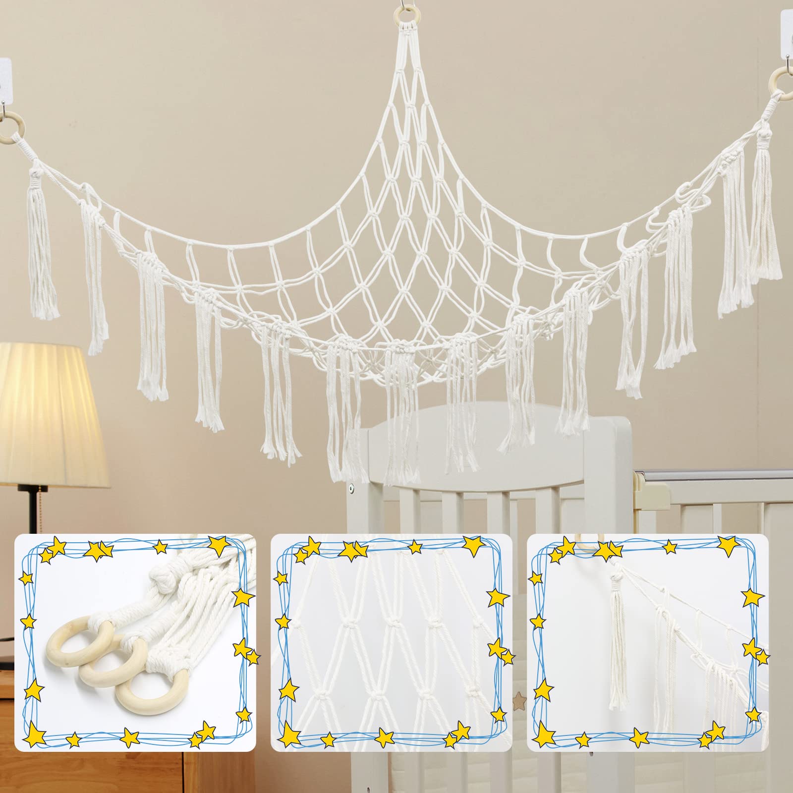 Stuffed Animal Hammock with LED Light, PChero Boho Macrame Stuff Animals Hanging Net Holder with Hooks, Plush Toy Storage Organizer for Kids Room Bedroom Nursery Playroom Wall Corner Décor
