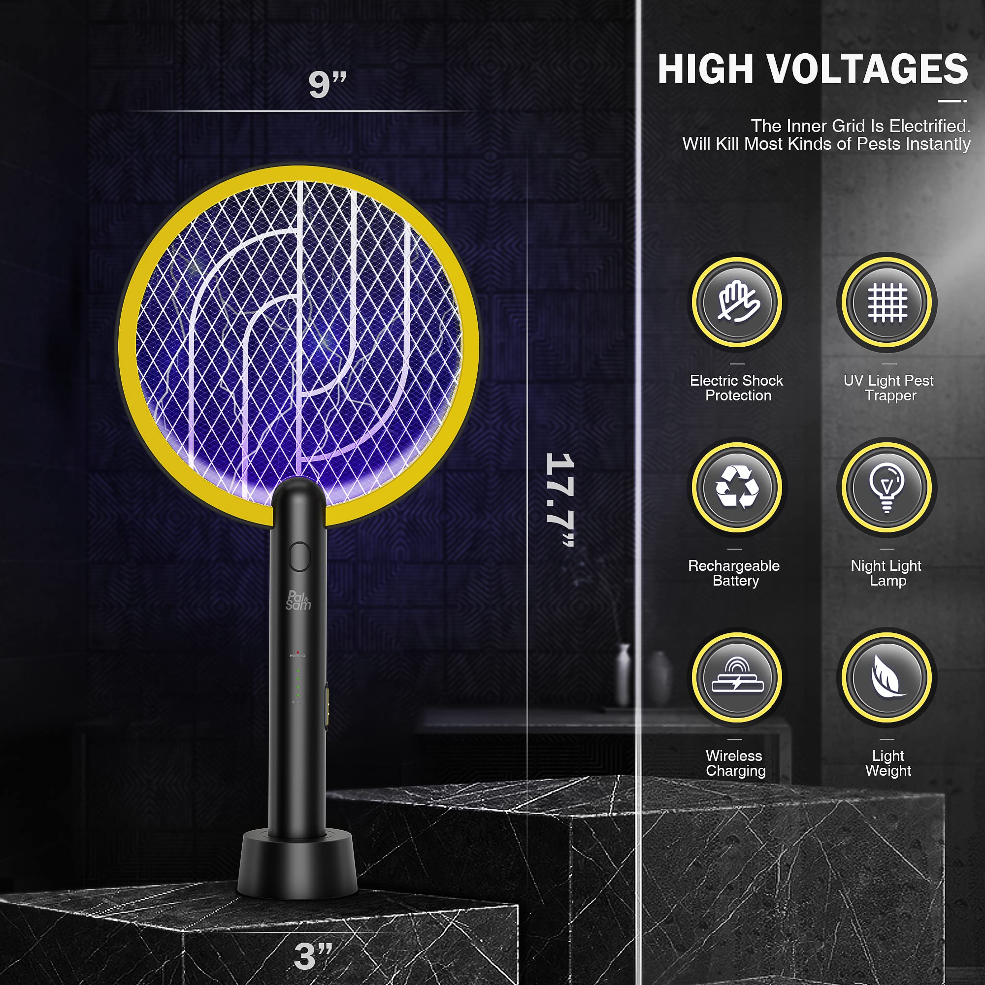 PAL&SAM Bug Zapper, Mosquito Killer USB/Rechargeable, Electric Fly Swatter Lamp & Racket 2 in 1 for Home, Bedroom, Kitchen, Patio (Black&Yellow)