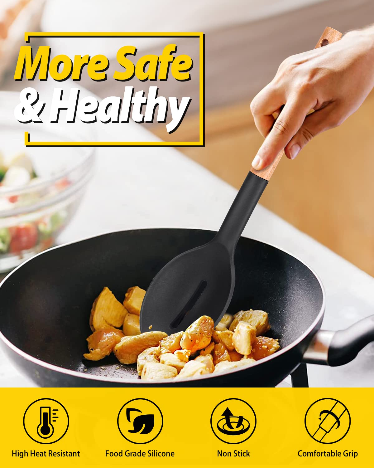 Pack of 2 Large Silicone Cooking Spoons,Non Stick Wooden Solid Spoon,Heat-Resistant Kitchen Utensils with Short Wooden Handle for Mixing,Serving,Draining,Stirring,Basting