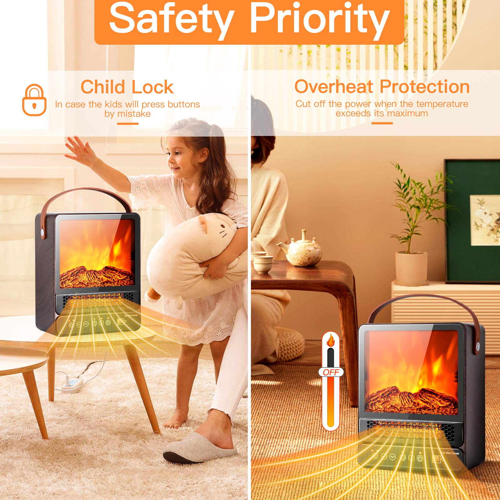 S AFSTAR 14.5" Portable Electric Fireplace, 1500W Small Fireplace Heater with 4 Flame Brightness, 12H Timer, Remote Control & Realistic 3D Flame Effect, Space Heater Fireplace for Home, Office, Indoor