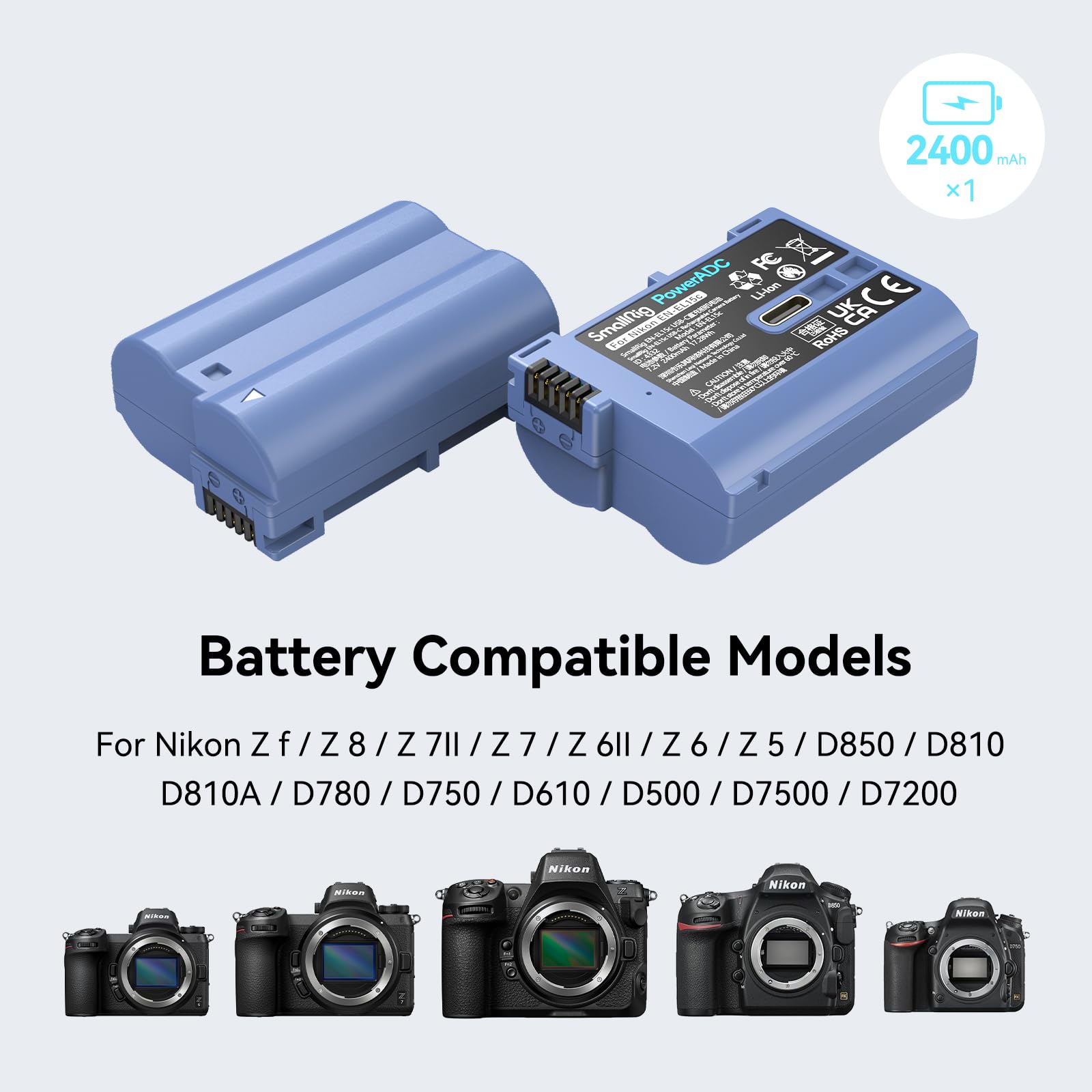 SMALLRIG EN-EL15C 2400mAh Camera Battery for Nikon Zf / Z8 / Z7 / Z6, USB-C Fast Charging Rechargeable Camera Battery for Z7 II, Z6 II, Z5, D850, D810, D810A, D780, D750, D610, D500, D7500-4332