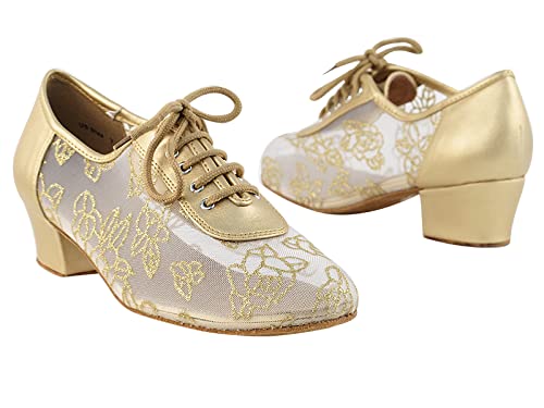 Very Fine Dancesport Shoes - Ladies' Practice, Salsa, Latin Ballroom Dance Shoes - Classic 2002-1.5-inch Heel & Canvas mesh Shoe Bag (Light Gold Leather & #79 Mesh, Size 7.5)