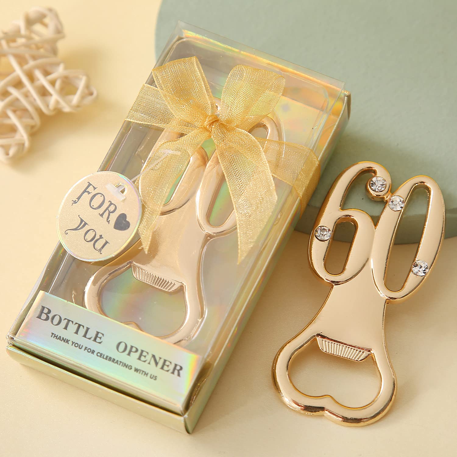 Yuokwer 24 PCS Bottle Openers Gold Birthday Party Favors 60th Anniversary Favors for Guests,Number 60th Birthday Party Decorations Beer Bottle Openers for Party Gift Souvenir Supplies (Gold 60th, 24)