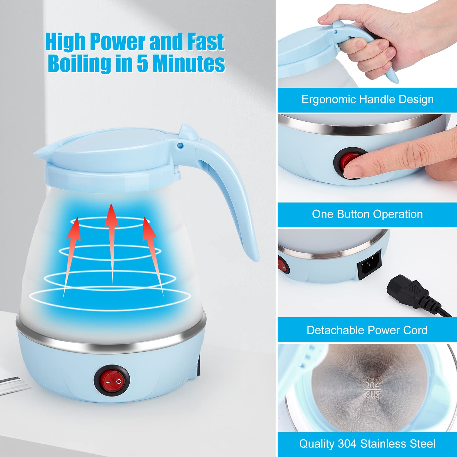 Travel Foldable Electric Kettle, Collapsible Portable Kettle for Fast Water Boiling Tea Coffee, with 1 Collapsible Bowl and 2 Collapsible Cups, Food Grade Silicon, 600ML 110V
