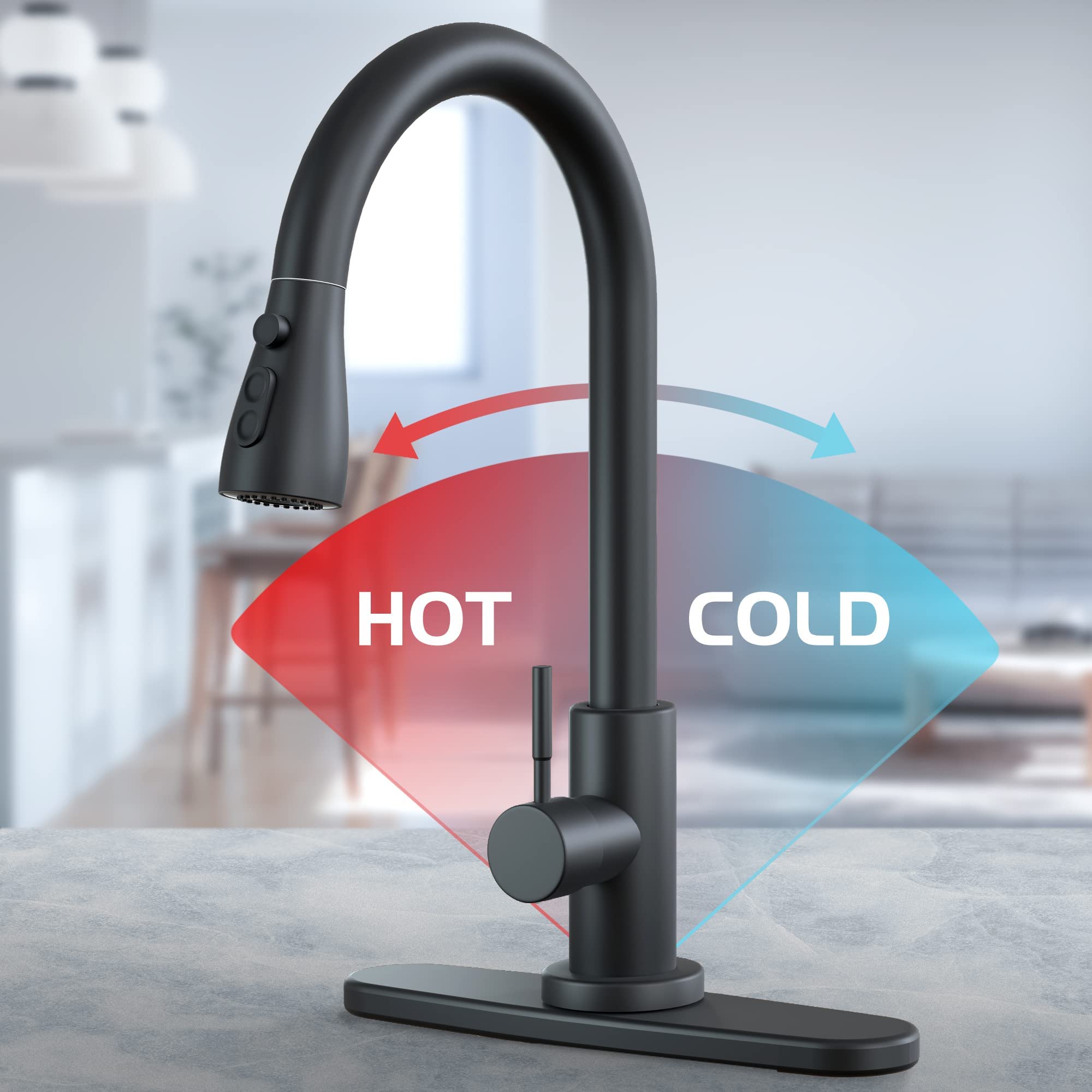 RBSTOSTO Black Kitchen Faucets-Kitchen Sink Faucet -Kitchen Faucet with Pull Down Sprayer-Stainless Steel-with Deck Plate 16 Inches RB999