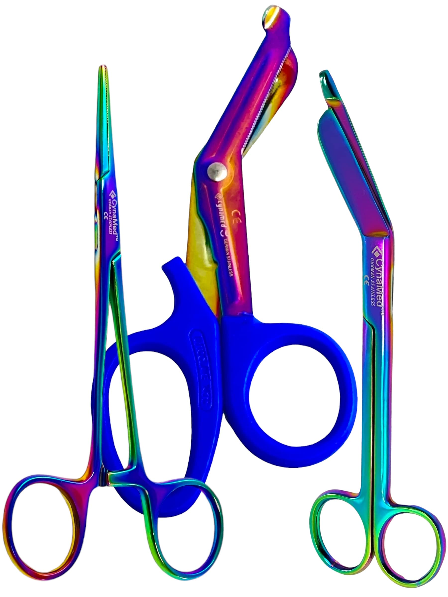 NURSES DOCTOR LISTER BANDAGE SCISSORS 5.5" + HEMOSTAT FORCEPS 5.5" + EMT PARAMEDIC SHEARS 7.25" MULTI TITANIUM COLOR RAINBOW COLOR STAINLESS STEEL -PREMIUM QUALITY GUARANTEE MONEY BACK (CYNAMED