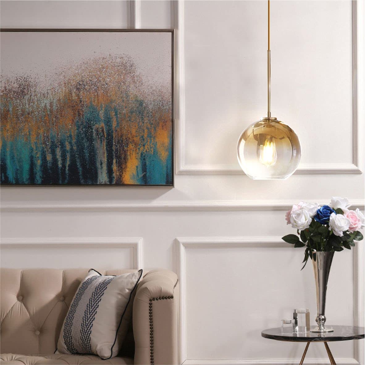 PULEE Modern Globe Pendant Light 1-Light Gradient Shade Glass Hanging Lamp Mid Century Hanging Light Fixture Adjustable Indoor Pendant Lamp for Dining Room Bedroom Kitchen (gold-20)