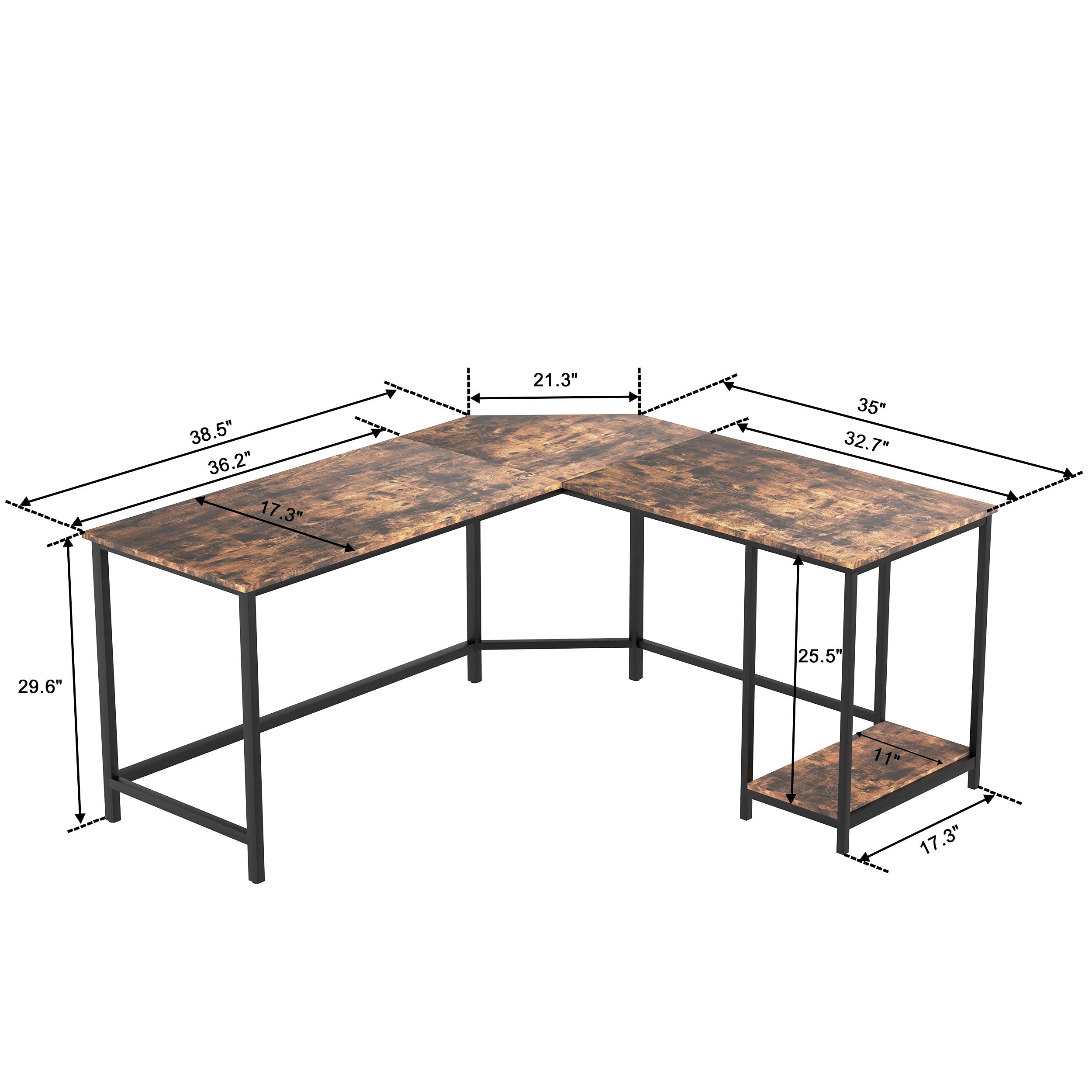 SMAGREHO L-Shaped Computer Desk, Modern Home Office Corner Desk Writing Study Workstation Table with Storage Shelf, Space-Saving, Dark Rustic