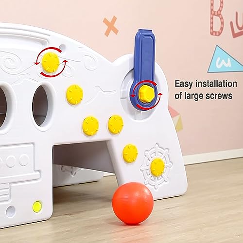 SDADI Kids 5-in-1 Multi Activity Table and Chair Set, Multi-Purpose Seesaw with Slide, Building Block Table with Basketball Hoop - White Play Table