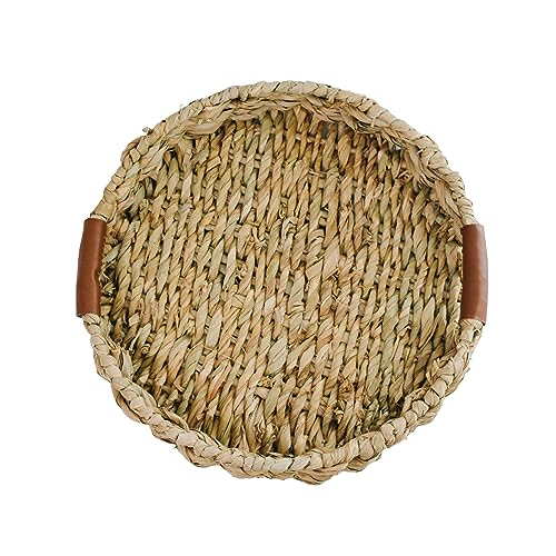 Summit Living Handwoven Round Rattan Tray with Leather Handles β Use as Home Decor or Vegetable and Fruit Organizer Tray β Water Hyacinth Circular Wicker Tray (14" x 14")
