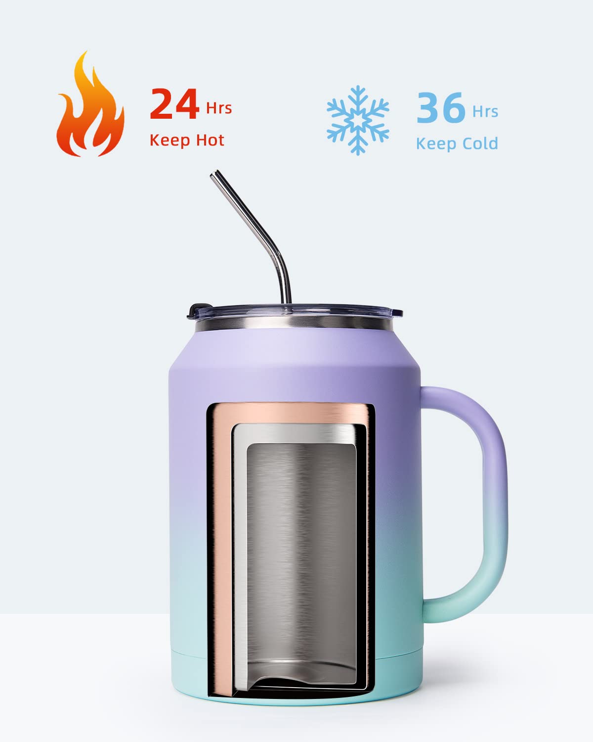 Trebo Water Bottle 64oz with Paracord Handle, Half Gallon Food-grade Double Wall Vacuum Stainless Steel Insulated Jug with Straw Spout Handle Lids,&Trebo 50 oz Mug Tumbler with Handle, Coffee Cup