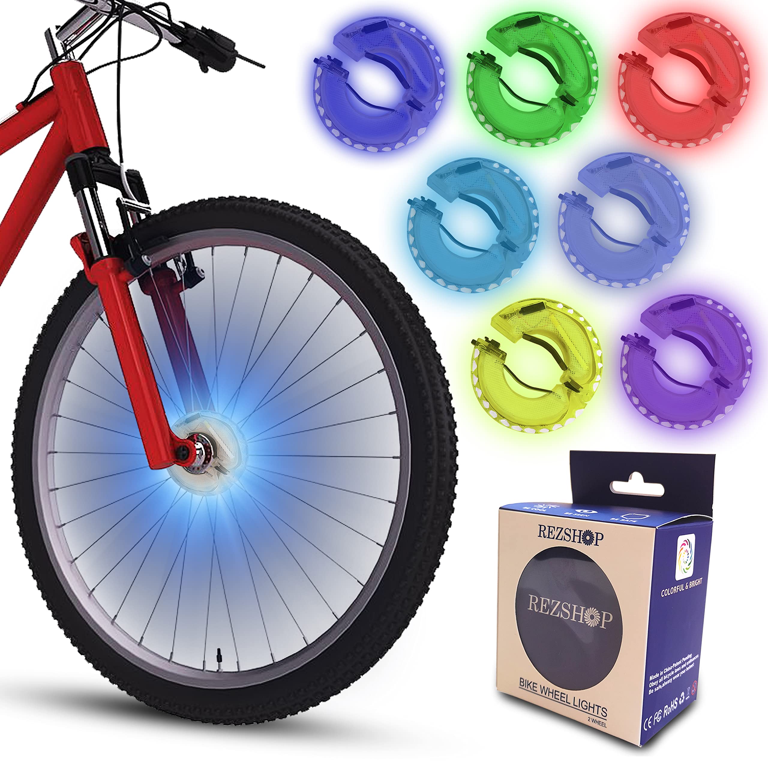 Rezshop Rechargeable LED Bike Wheel Lights - (2 Tire Pack 7 Colors in 1) Waterproof Hub Bicycle Lights Ultra Bright Safety Bike Accessories for Kids Girls Boys Adults Cycling